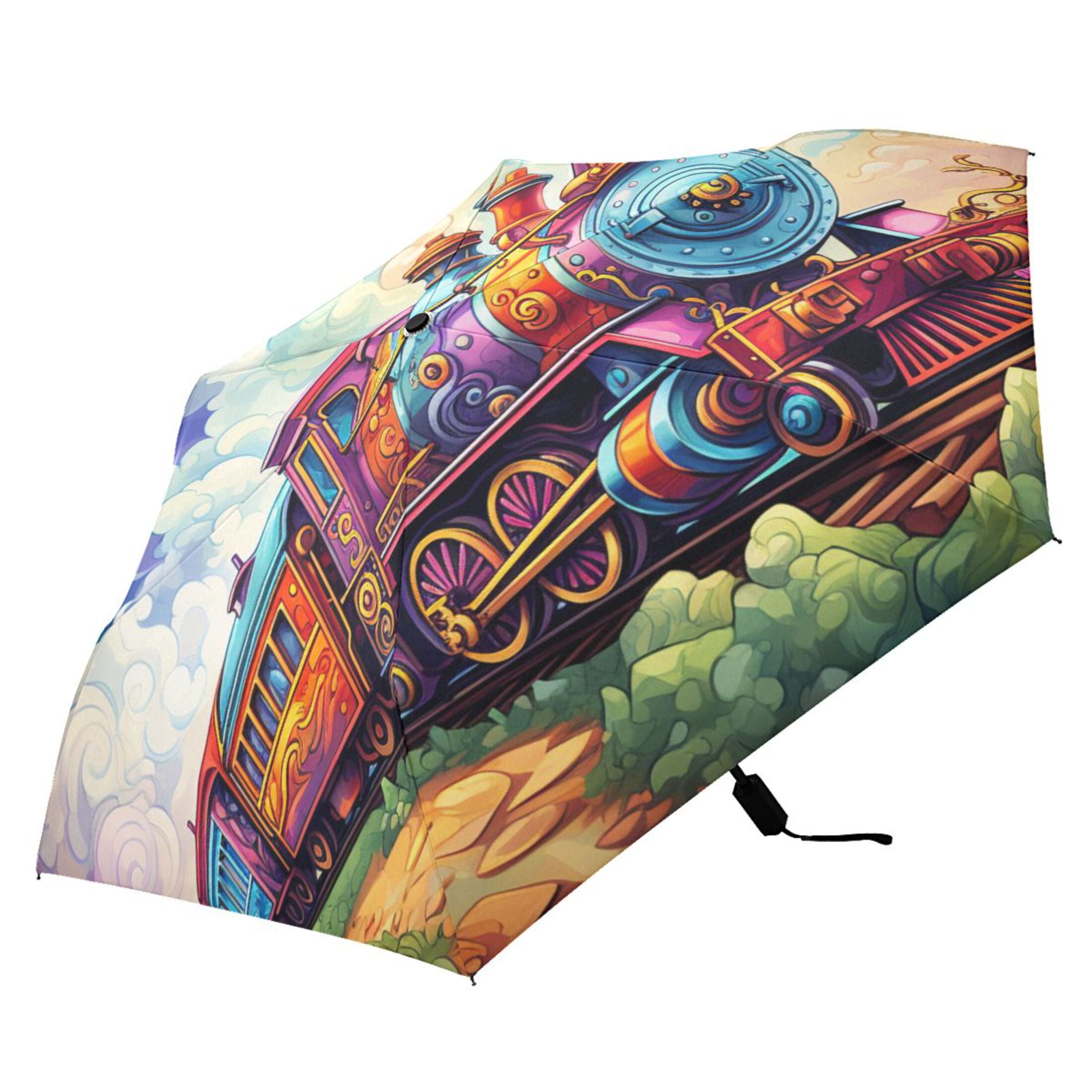 Train and Rainbow Compact Folding Umbrella for Rain Windproof Travel ...