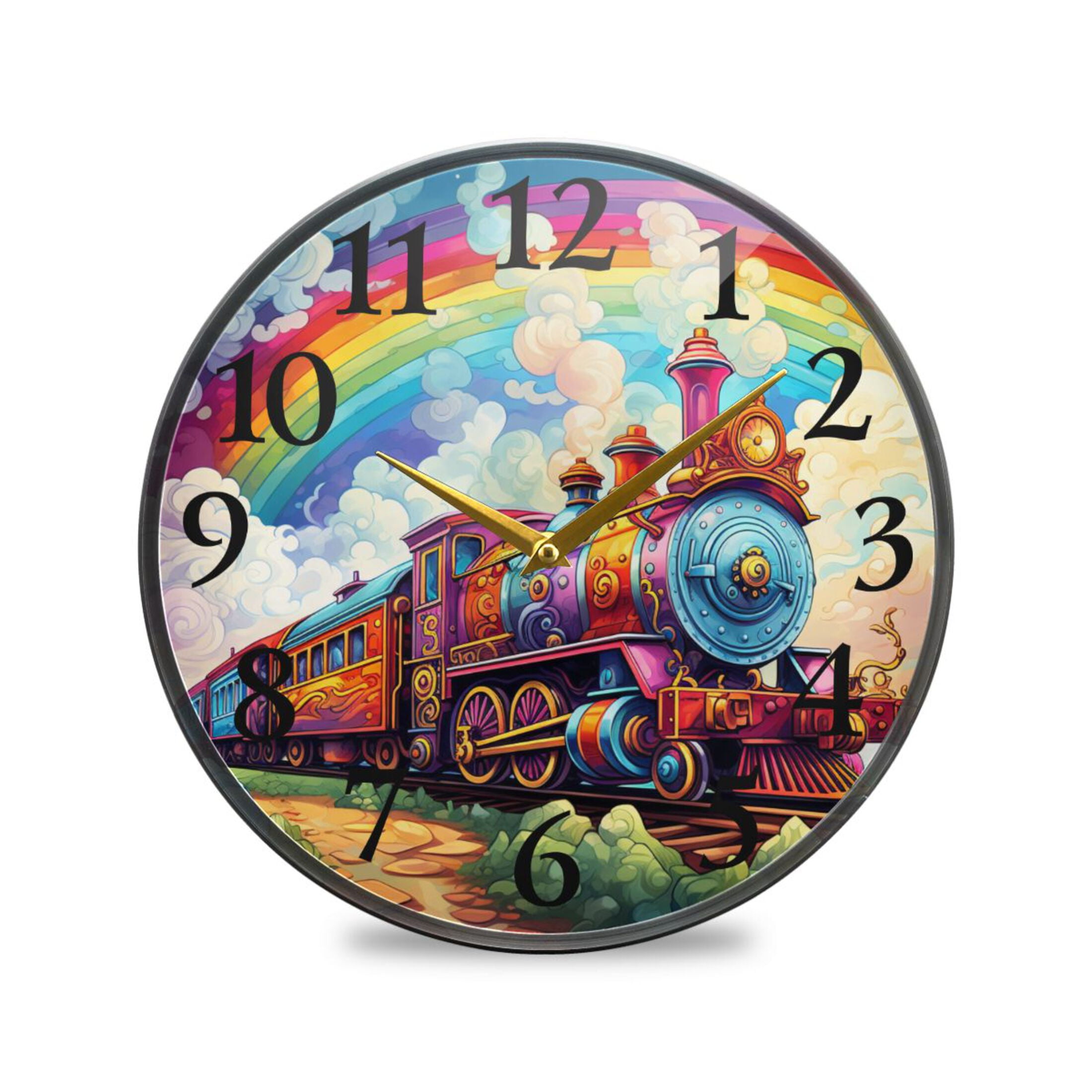 Train and Rainbow Wall Clocks Battery Operated 9.5 Inch Round Clock ...