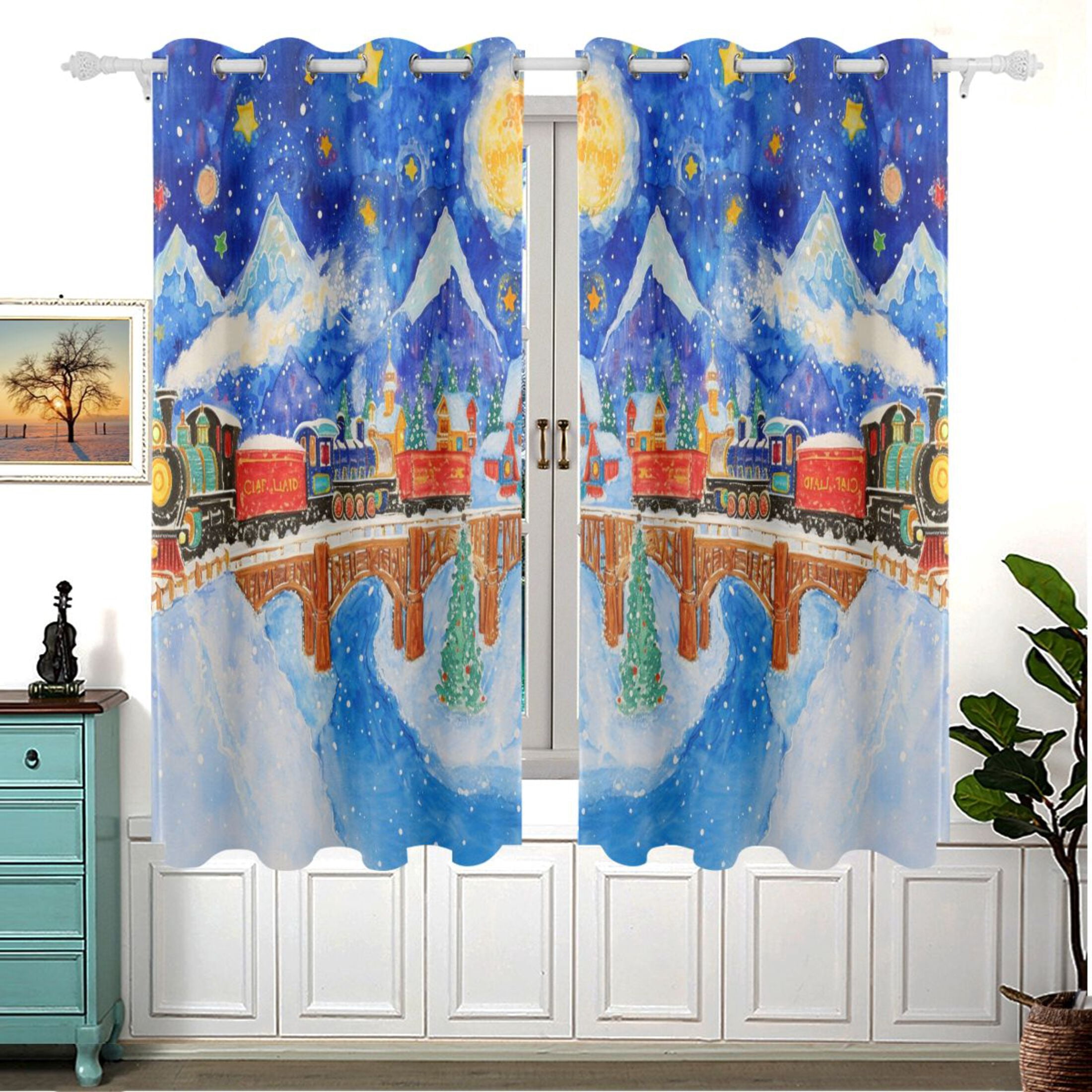 Train in Winter Blackout Curtains 2 Panels Set Grommet Drapes for ...