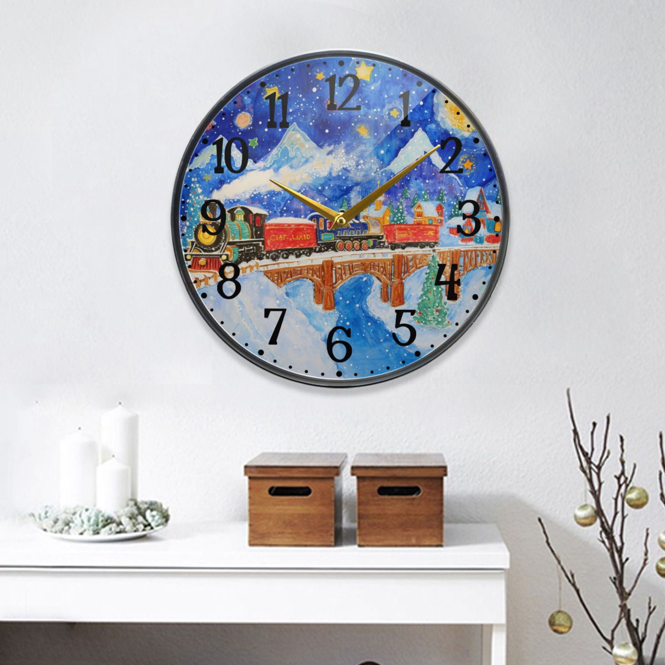 Train in Winter Round Wall Clock 12 Inch Non-Ticking Silent Battery ...