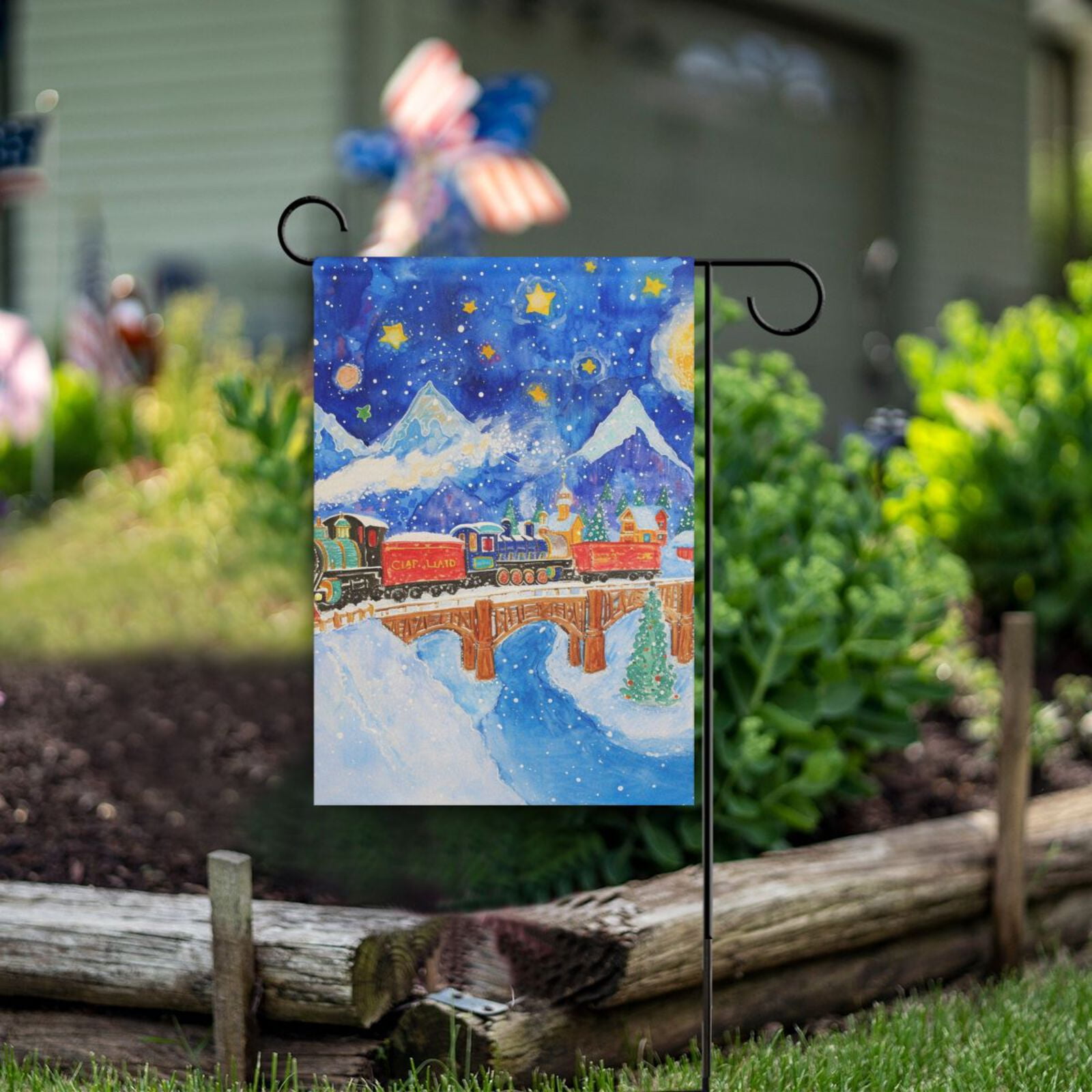 Trains with Moon Snow Mountains Garden Flag Double Sided Outdoor ...