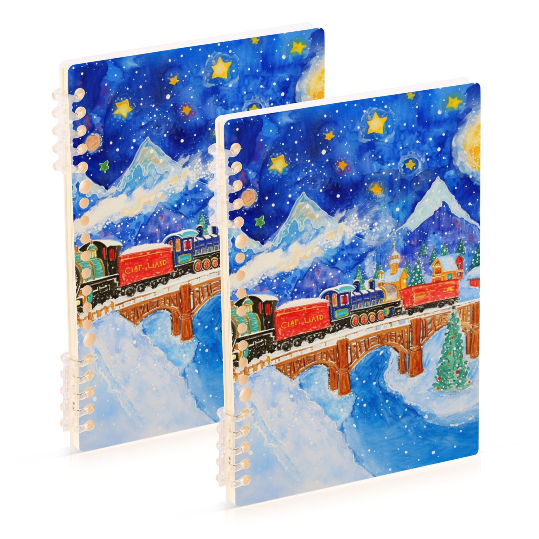 Trains with Moon Snow Mountains Ring Binder Notebook Journey Note Diary ...