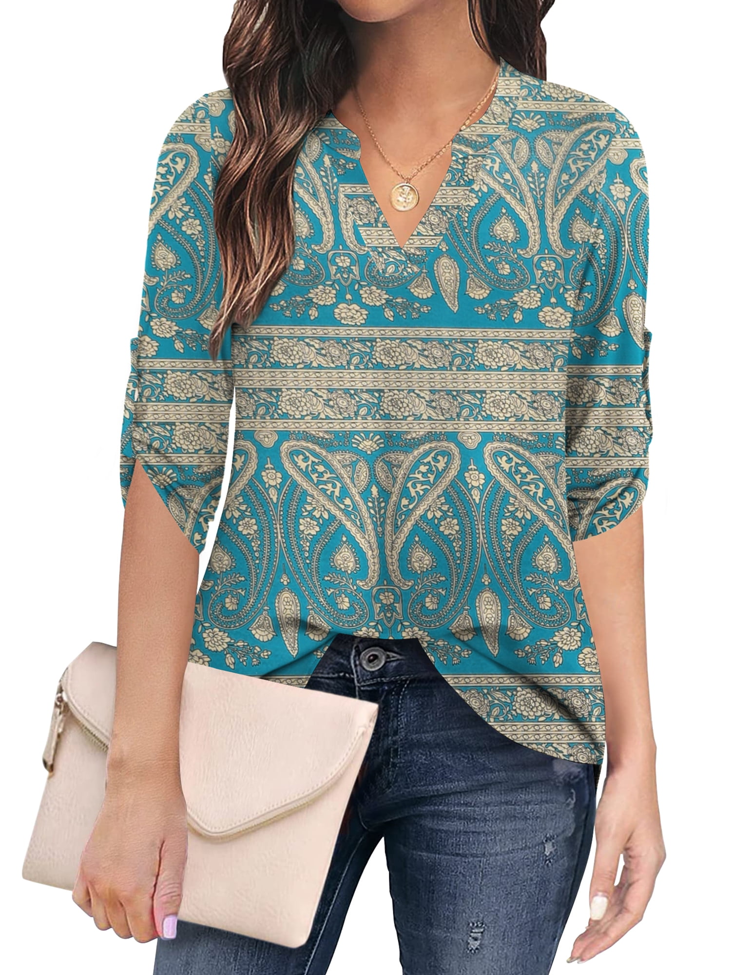 Traleubie Plus Size Floral Tunic Tops for Womens 3/4 Roll Sleeve V Neck ...