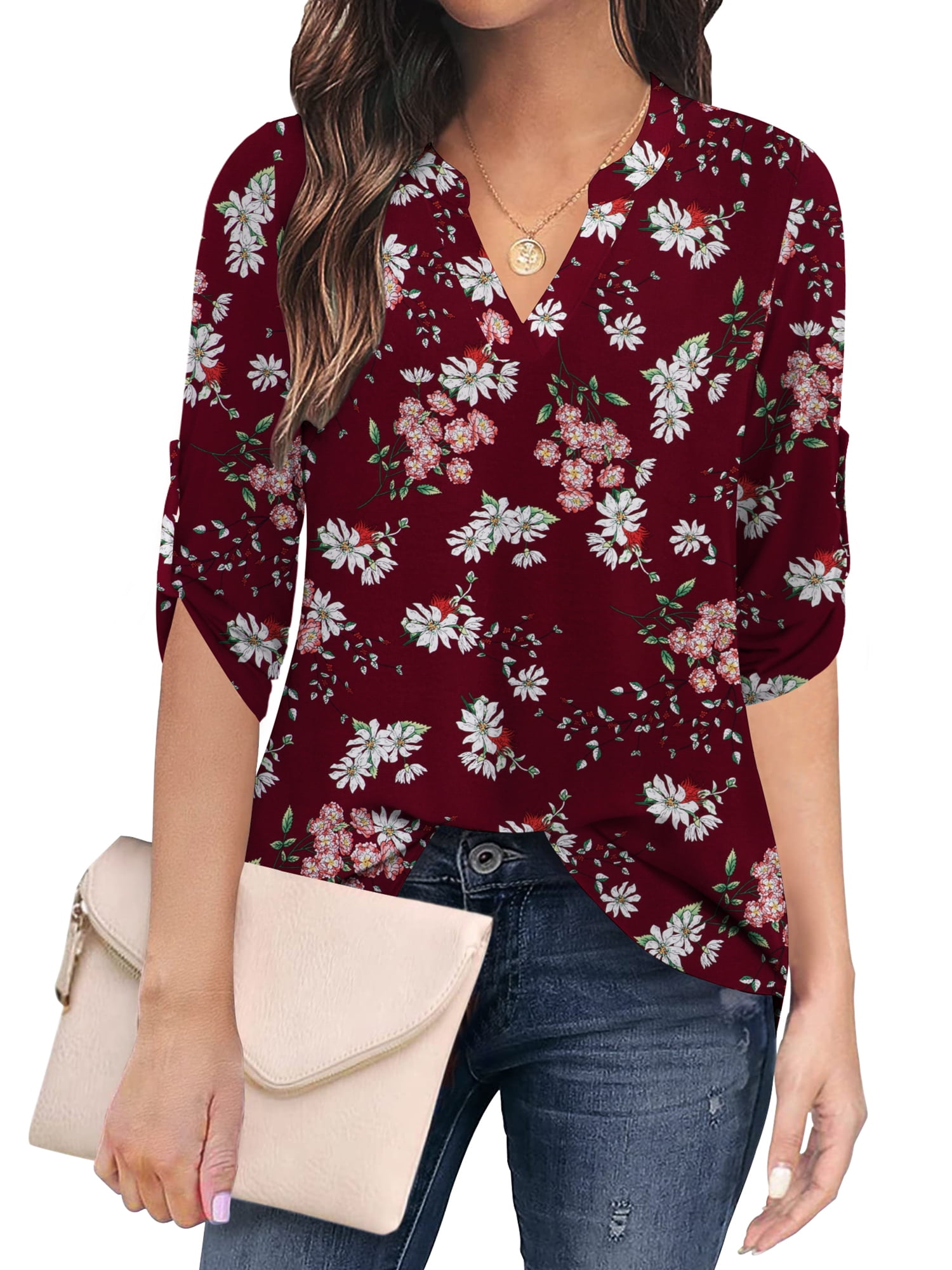 Traleubie Plus Size High Low Floral Tunic Tops, 3/4 Roll Sleeve V Neck ...