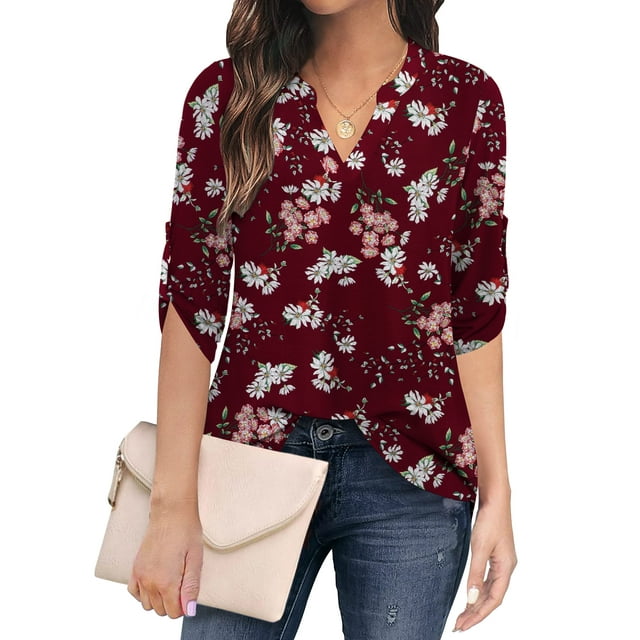 Traleubie Plus Size High Low Floral Tunic Tops, 3/4 Roll Sleeve V Neck ...