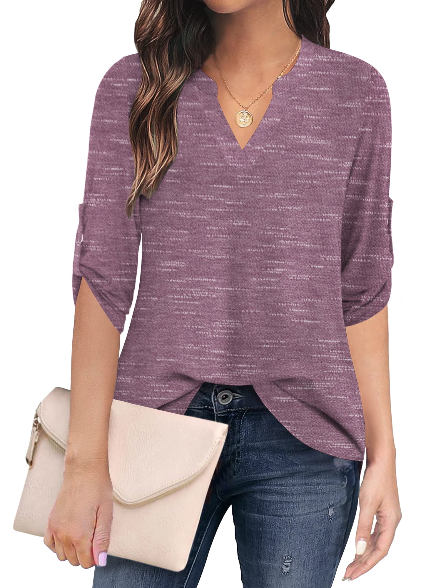 Traleubie Plus Size Floral Tunic Tops for Womens 3/4 Roll Sleeve V Neck ...