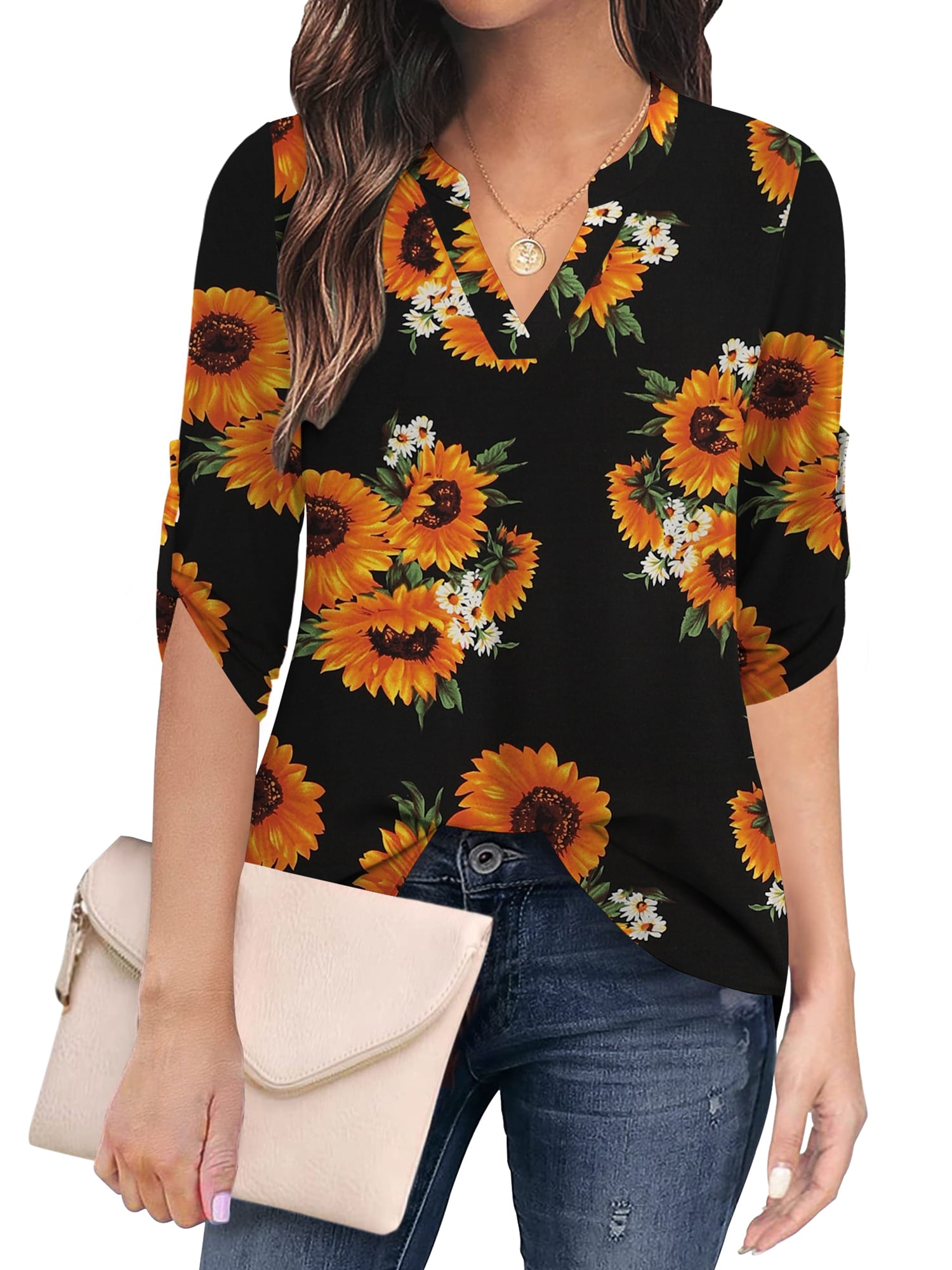 Traleubie Plus Size Floral Tunic Tops for Womens 3/4 Roll Sleeve V Neck ...