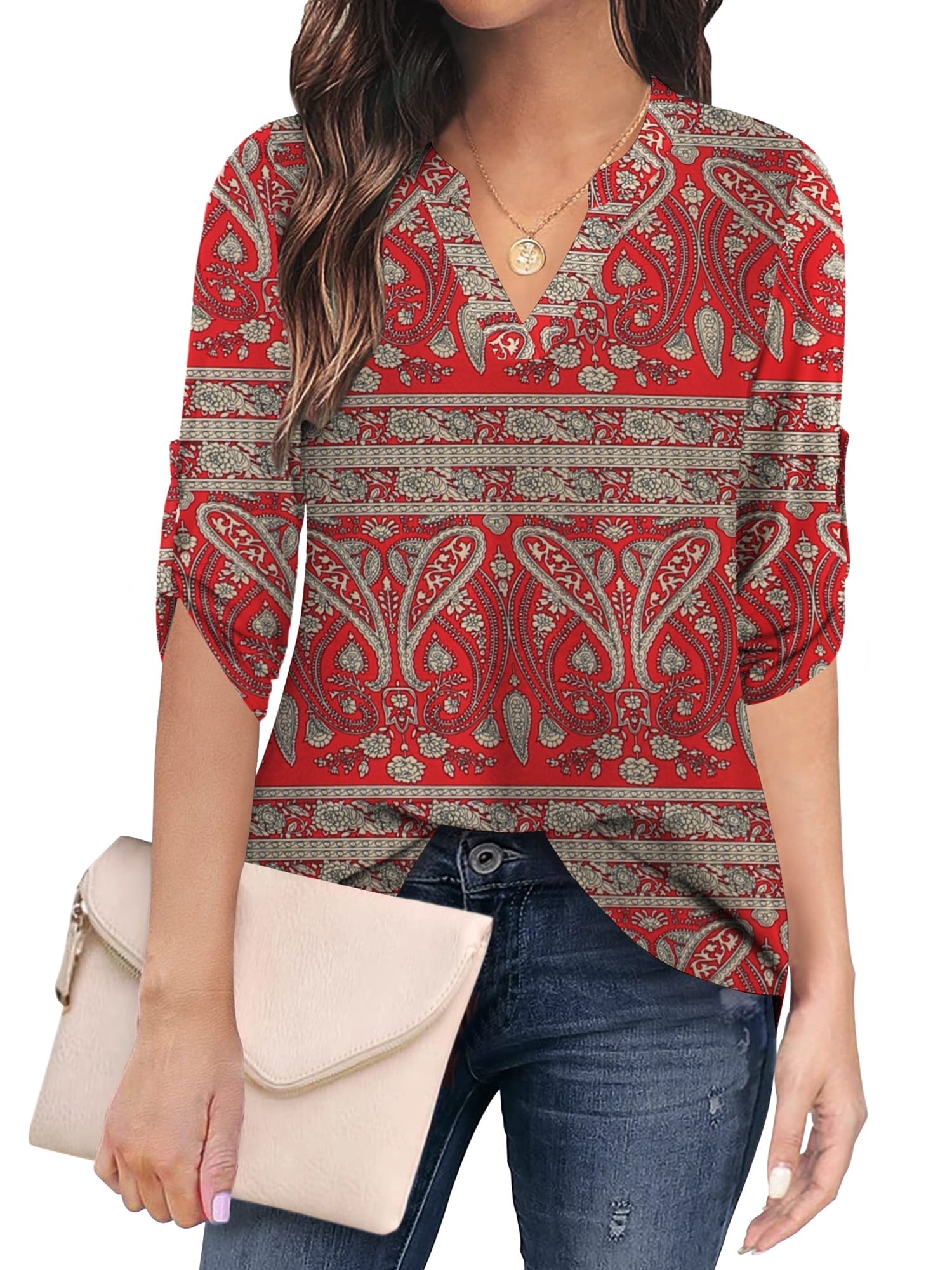 Traleubie Plus Size Floral Tunic Tops for Womens 3/4 Roll Sleeve V Neck ...