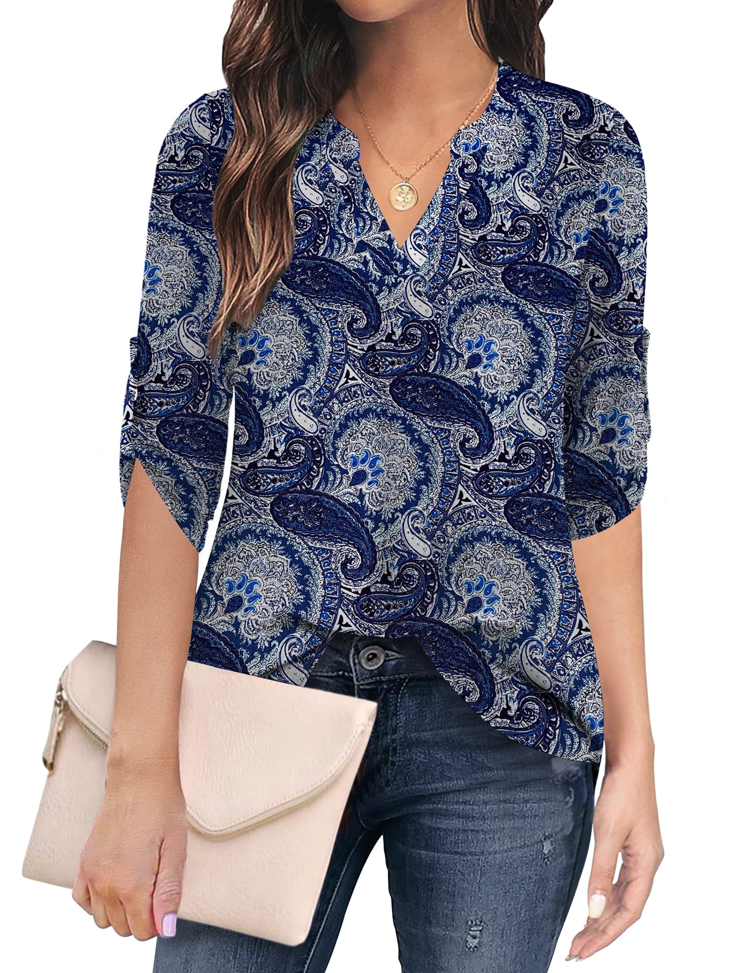 Traleubie Plus Size Floral Tunic Tops for Womens 3/4 Roll Sleeve V Neck ...