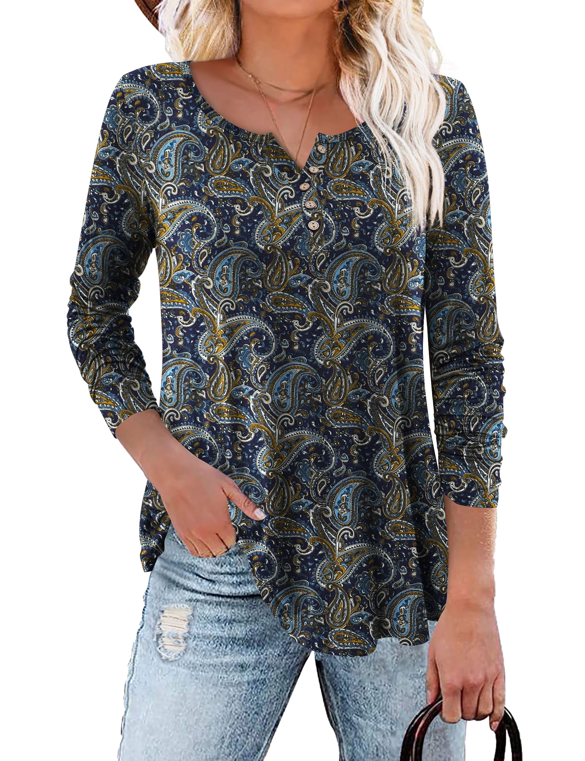 Traleubie Plus Size Tunic Tops Long Sleeve Casual Solid Henley V Neck Shirts For Women M 4xl