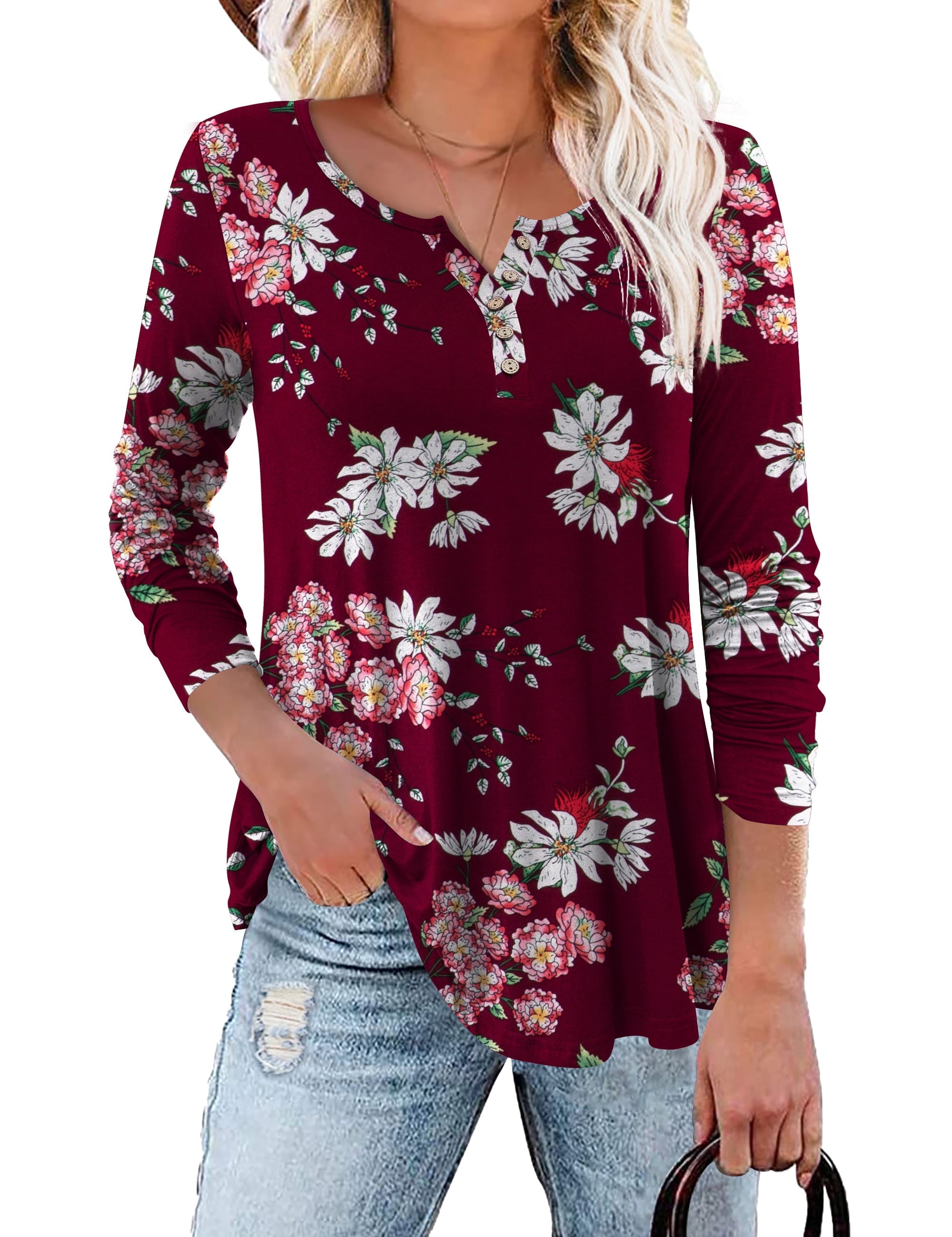 Traleubie Plus Size Tunic Tops Long Sleeve Casual Solid Henley V Neck ...