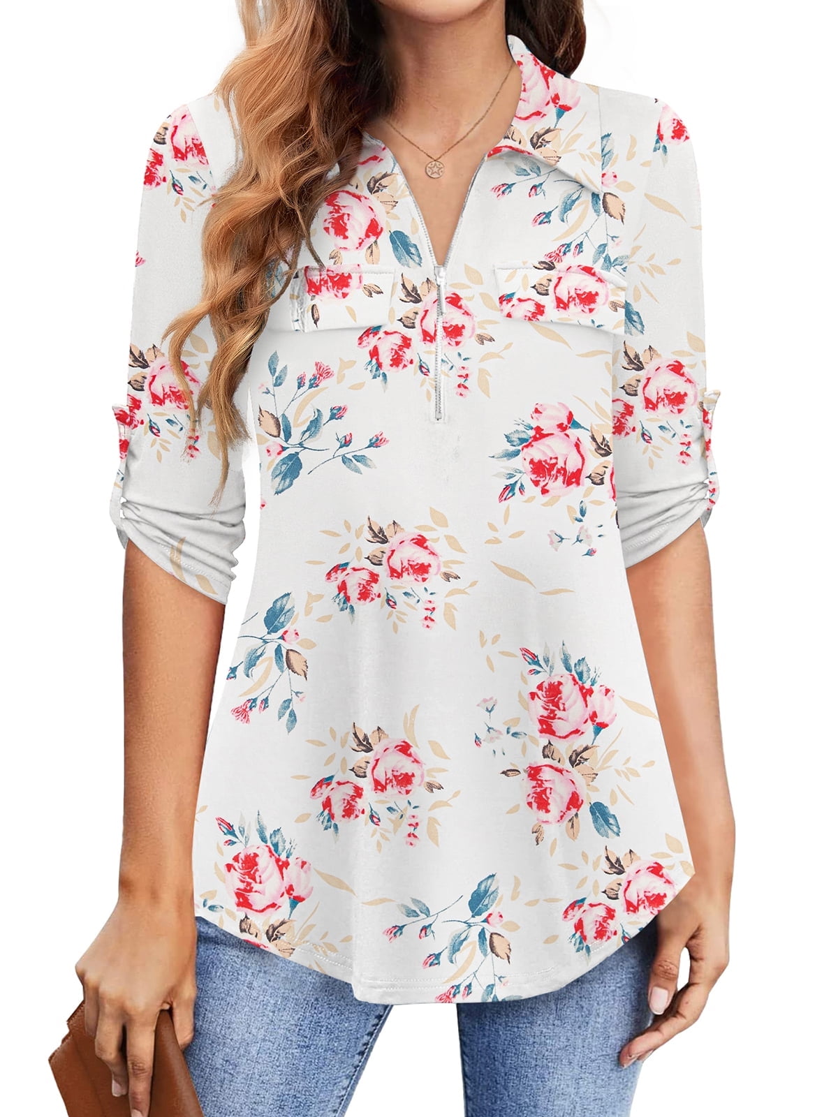 Traleubie Women's 3/4 Sleeve Collared Blouses Business Casual Zip Front ...