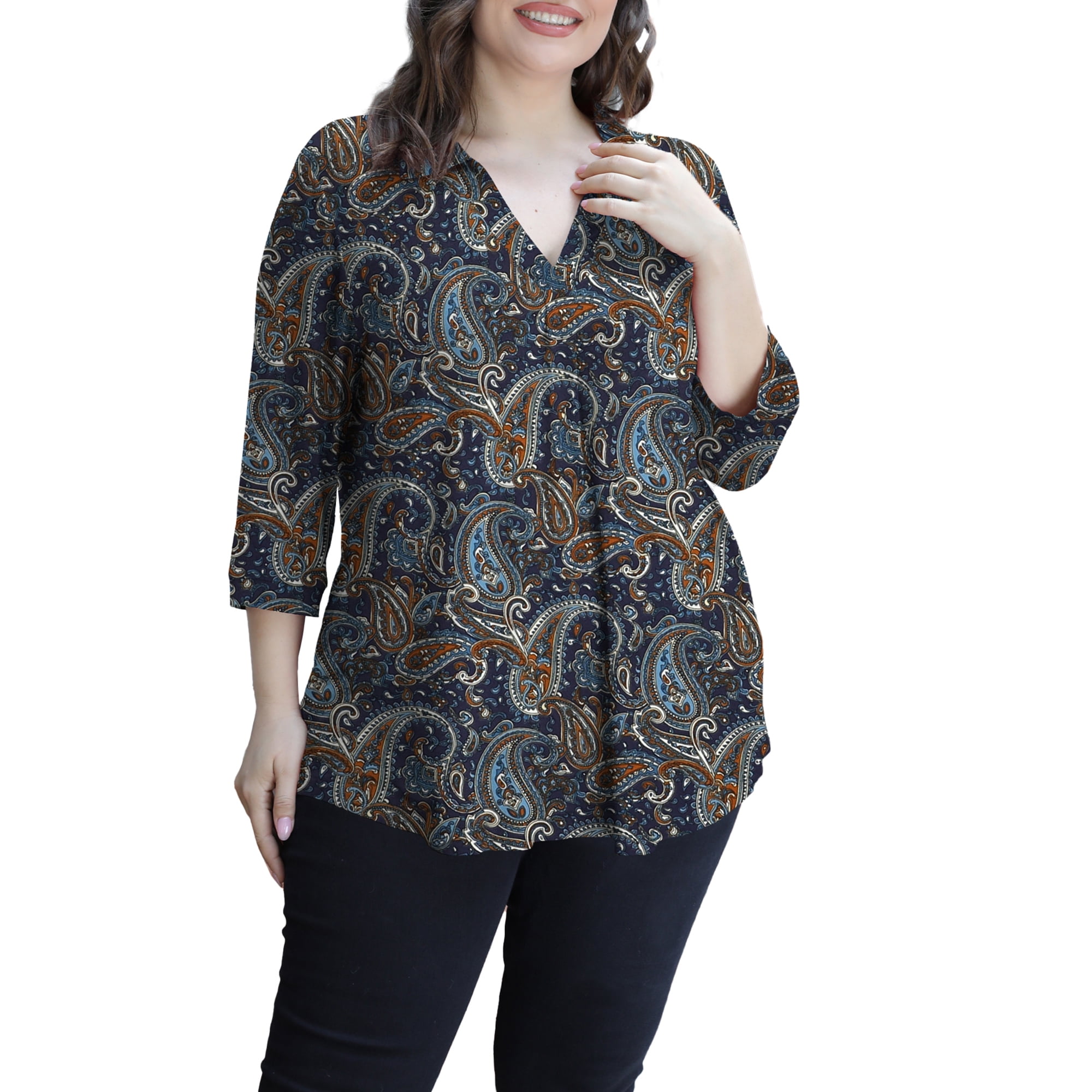 Plus Size 3/4 Sleeve Shirts for Women Floral Print V Neck Blouses Tunic ...