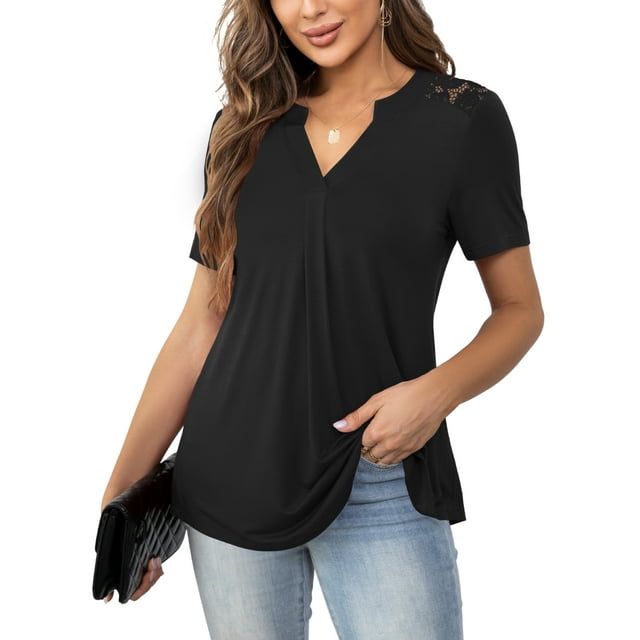 Traleubie Women's Plus Size Short Sleeve Lace Trimmed Tunic Tops, Soft ...