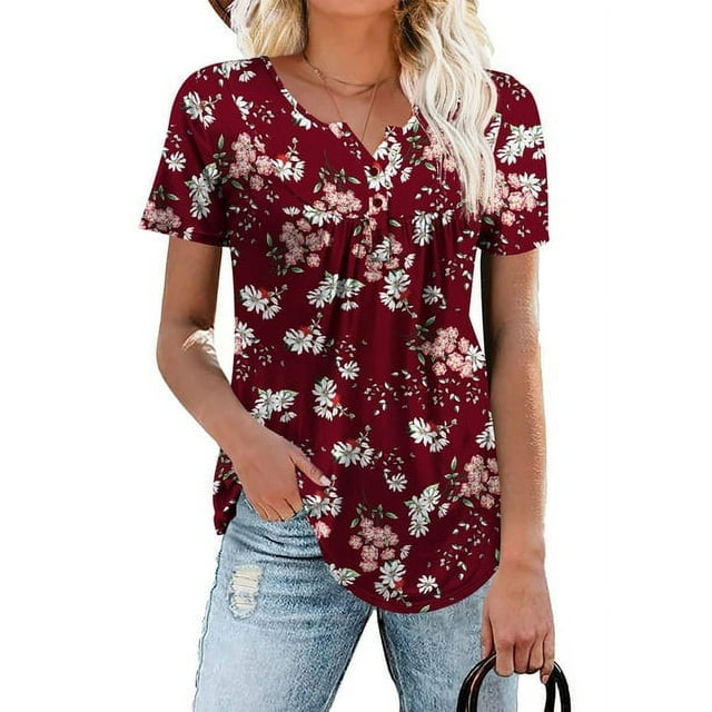 Traleubie Womens Plus Size Flowy Blouse Short Sleeve Floral Print Henley Tunic Tops M 4xl