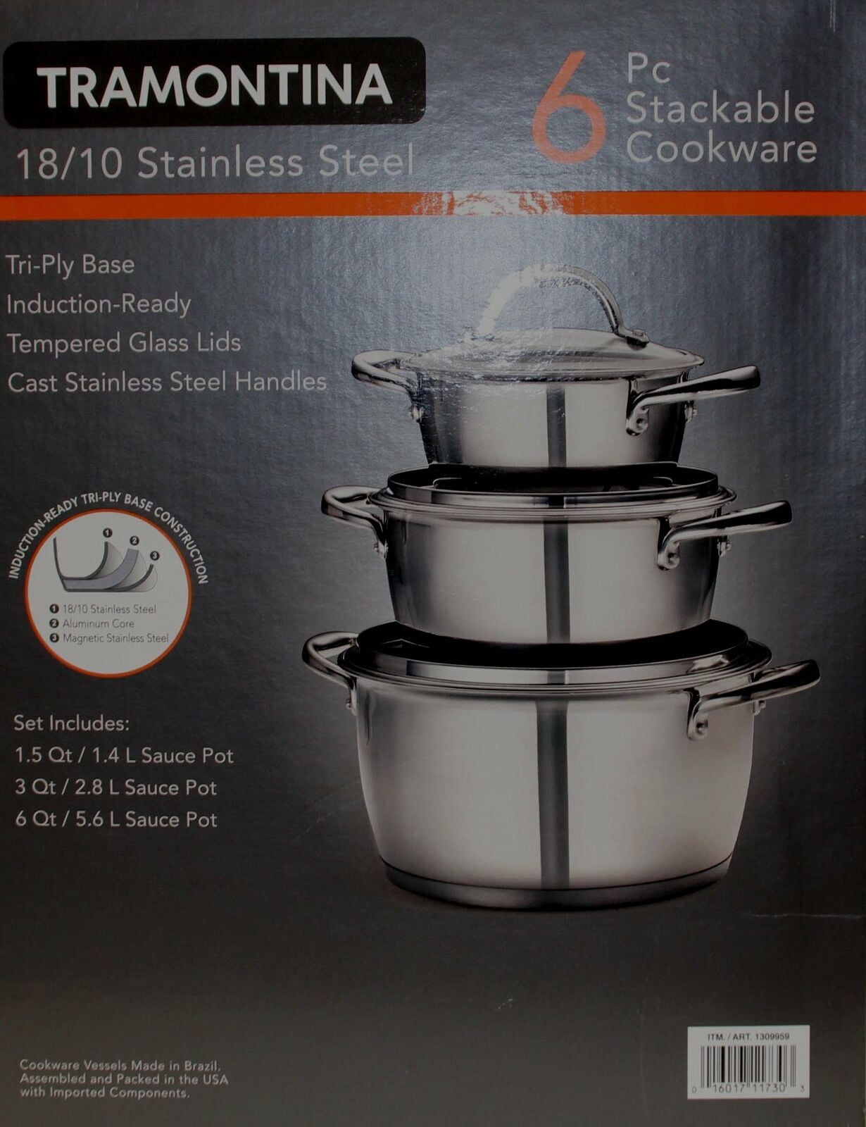 Tramontina 18/10 Stainless Steel 6 Piece Stackable Cookware Set ...