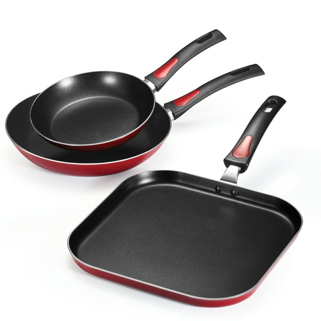 Tramontina Everyday Non-Stick Red Fry Pan & Griddle Set, 3 Piece, Black ...