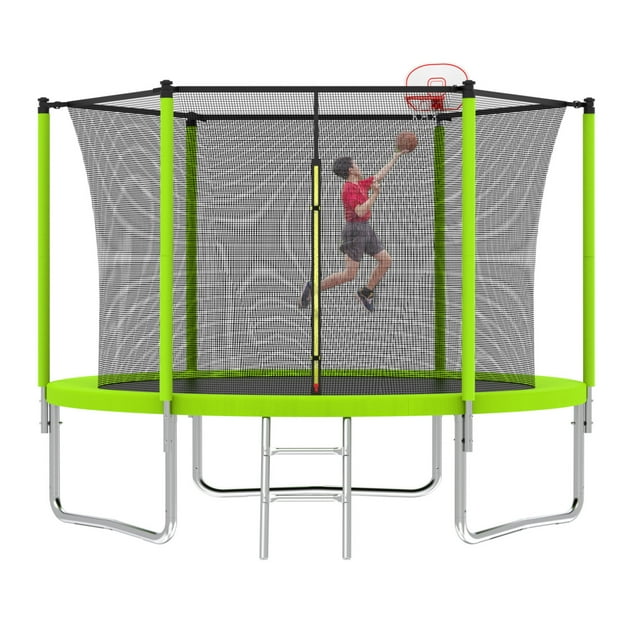 Trampoline, 10 ft Trampoline Outdoor with Basketball Hoop & 2 Steps ...