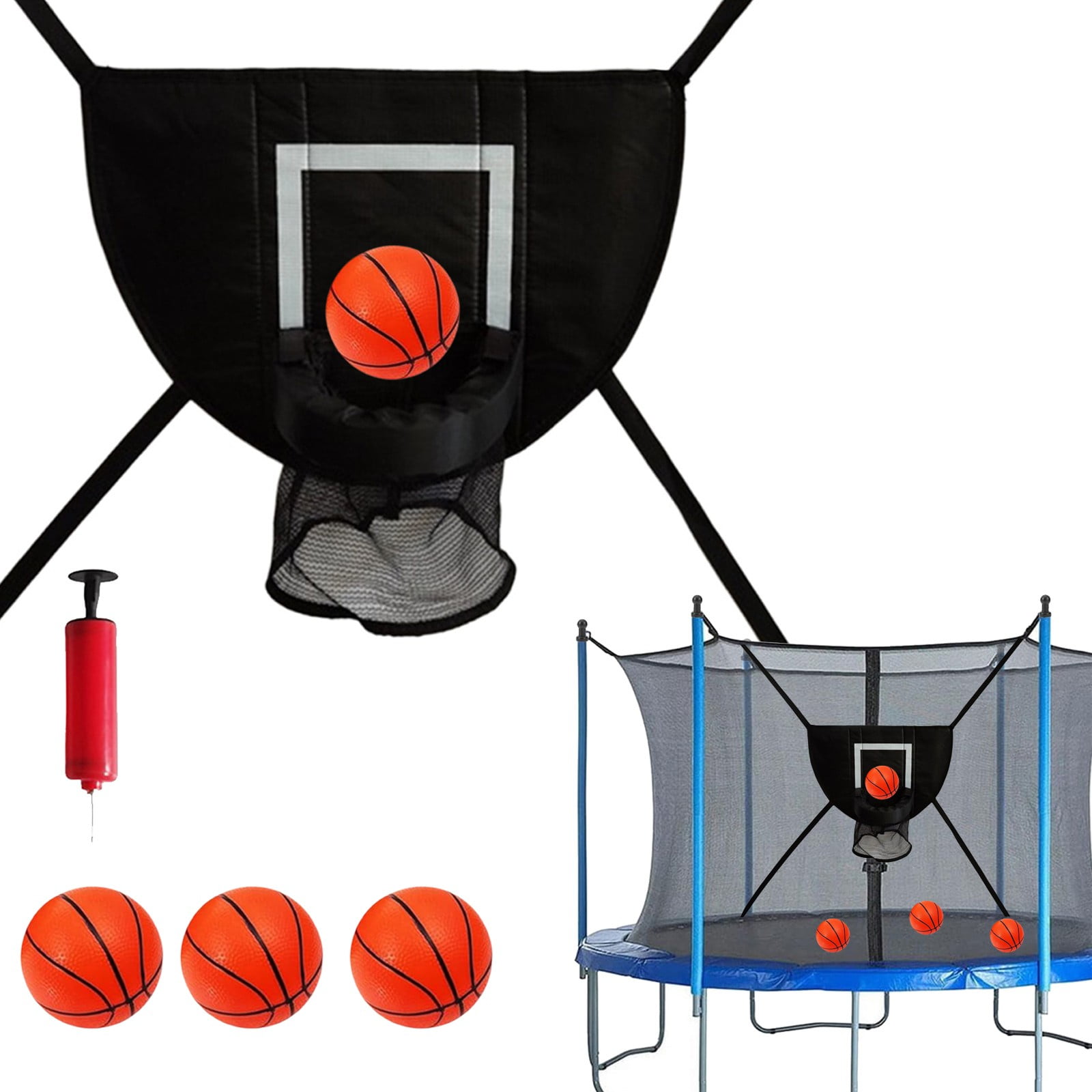 Trampoline Basketball Hoop Attachment Set with 4 Mini Balls and Pump ...
