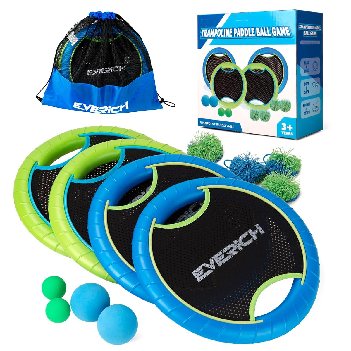 Trampoline Paddle Ball Set With 4 Bouncy Paddles & 8 Balls - Soft Foam ...