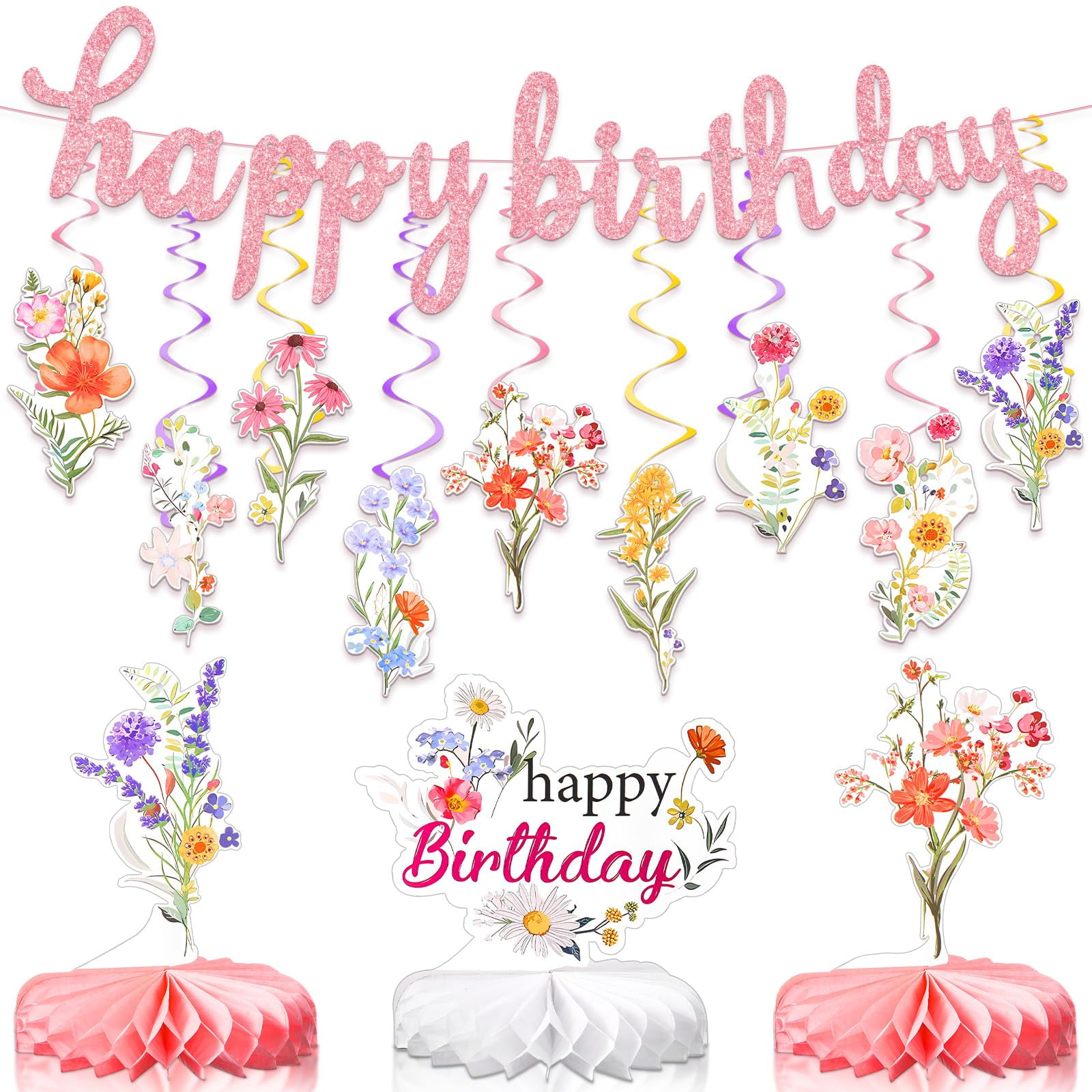 Trandraft 22 Pcs Flower Birthday Decorations 1 Pc Wildflower Happy ...