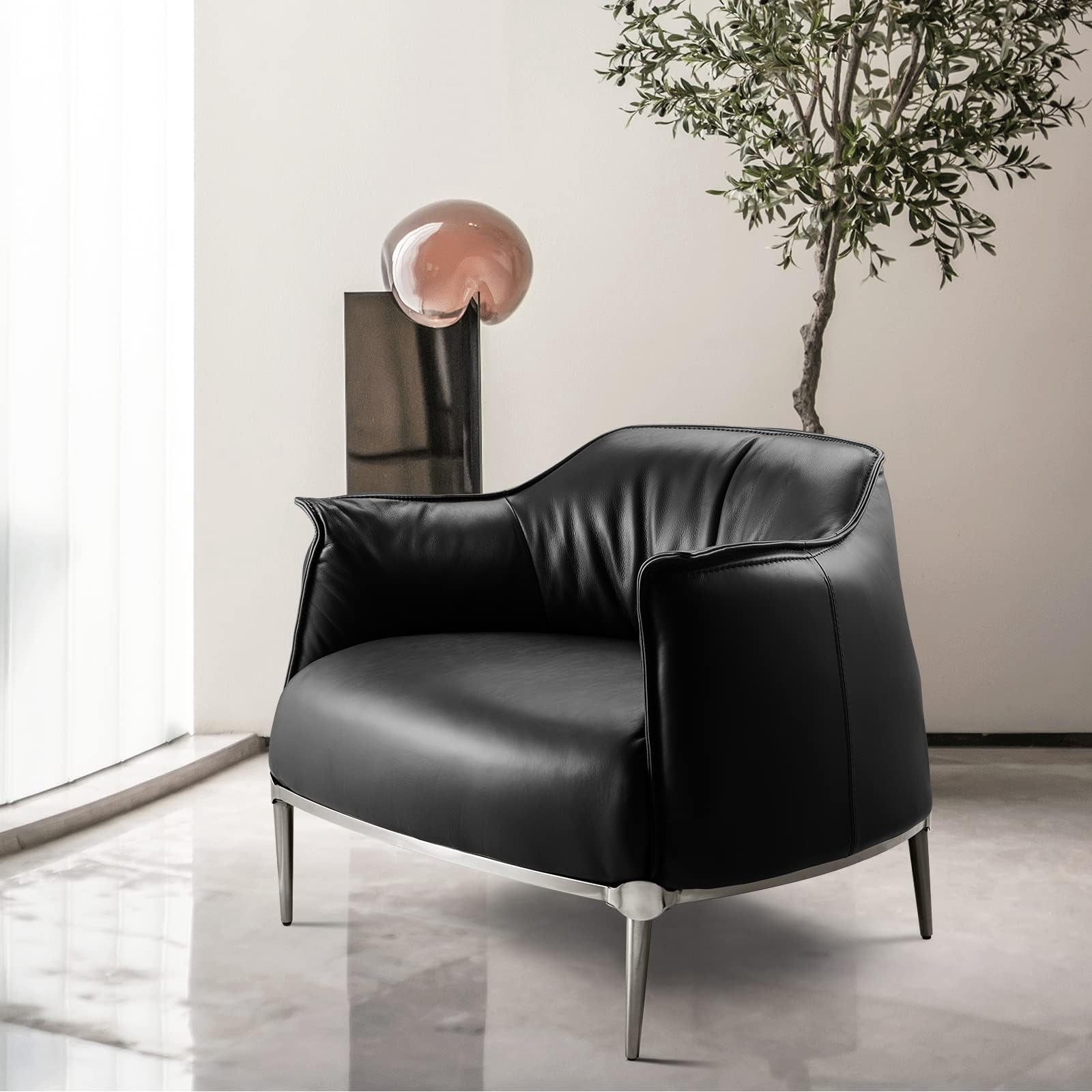 Tranqu Genuine Leather Accent Chair, Comfortable Armchair with Wooden ...