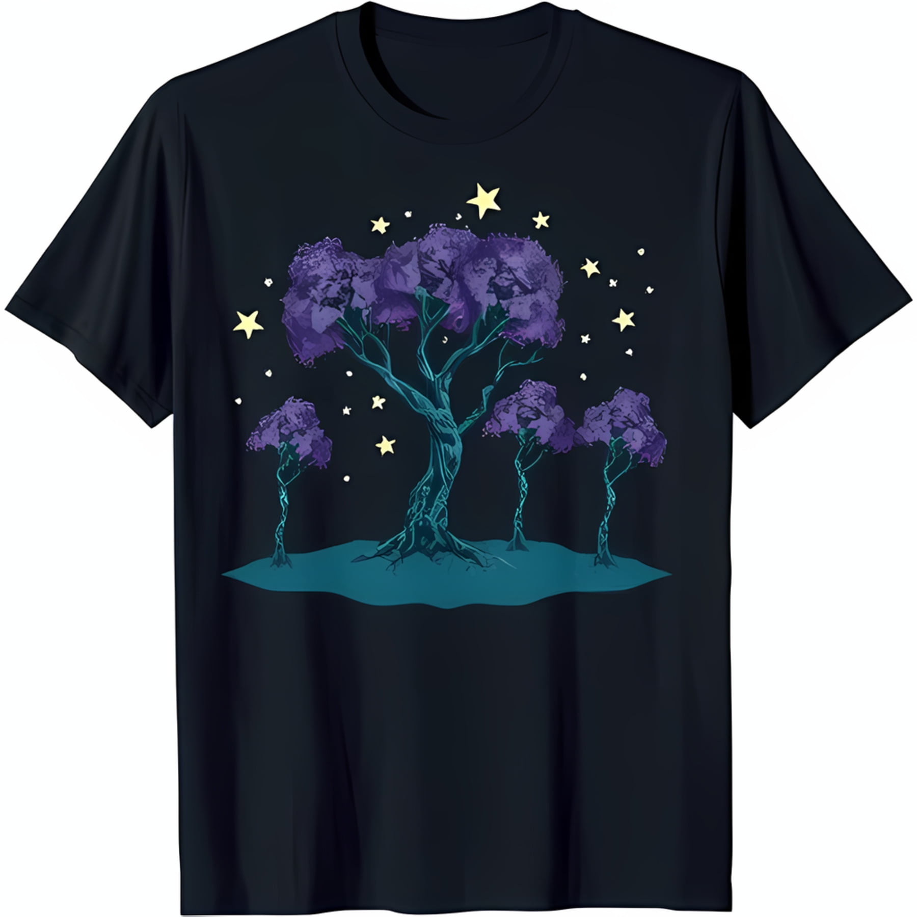 Tranquil Black T-Shirt with Stylized Trees and Starry Night Design ...