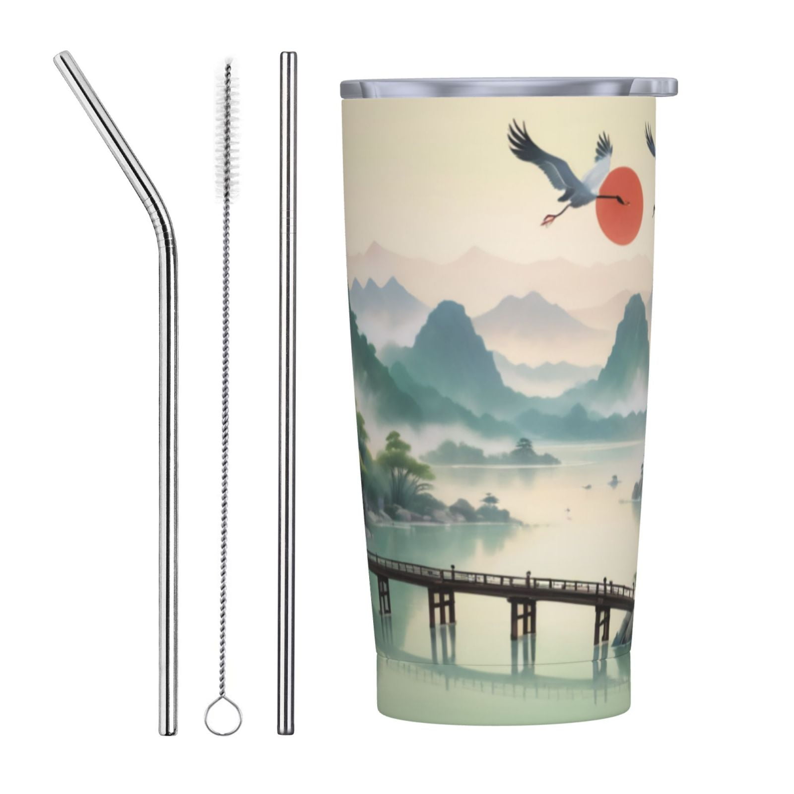 Tranquil Eastern : Pagoda, Lake, and Cranes 20 oz stainless steel car ...