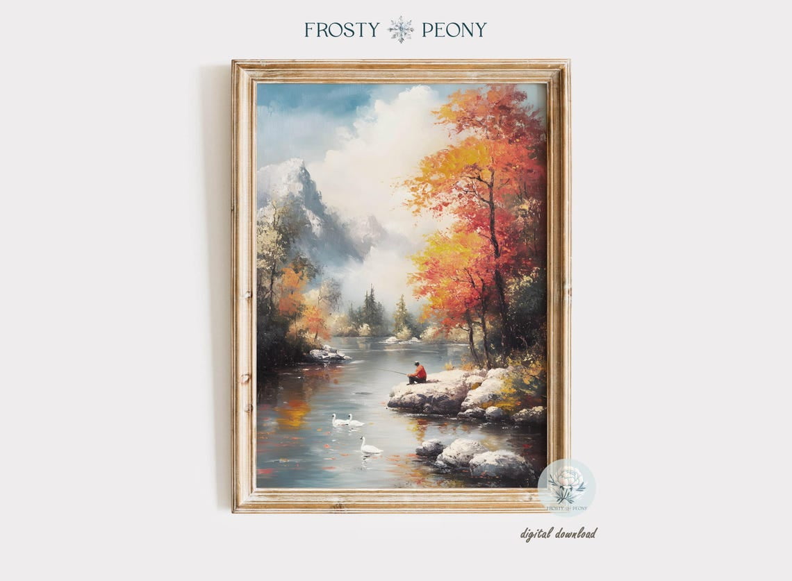 Tranquil Fall Fishing Scenery Art Print, Autumn Fisherman Landscape Wall Decor, Fall River ...