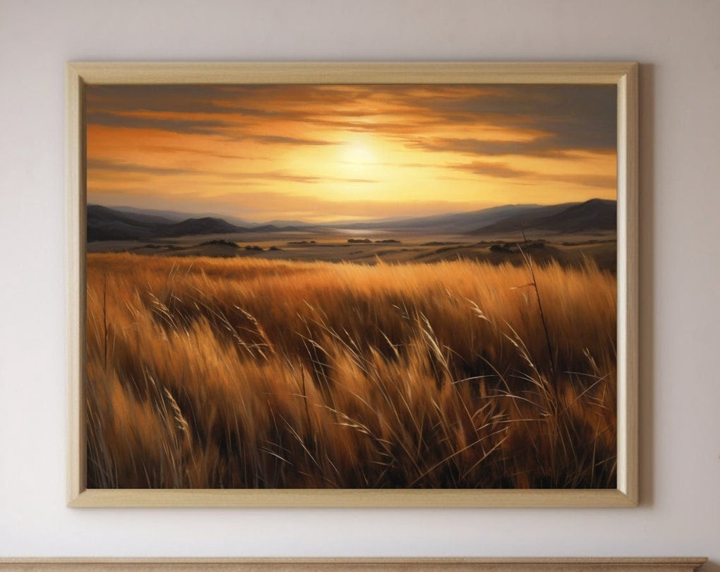 Tranquil Field Painting Art Rich Amber And Olive Hues Warm Country ...