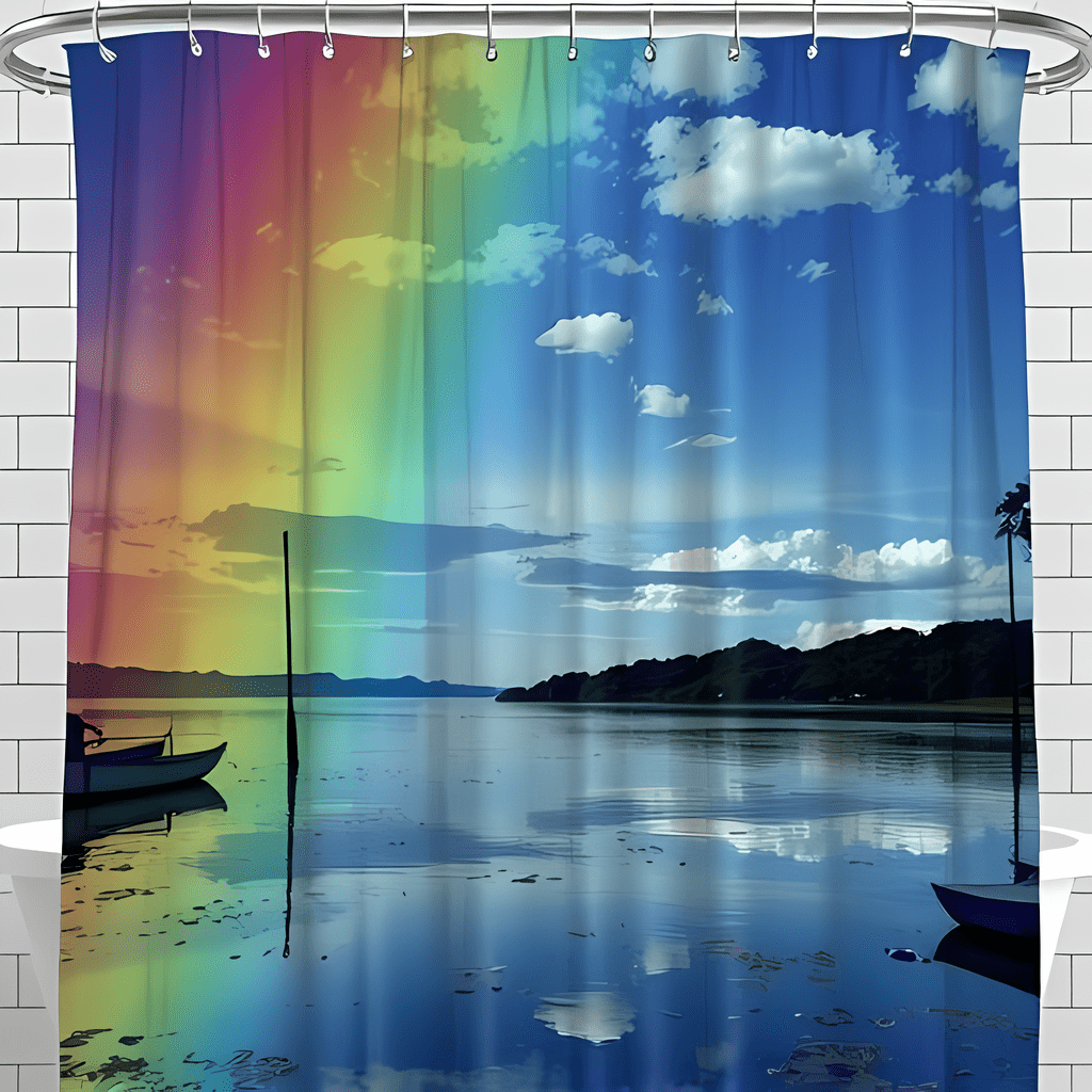 Tranquil Lake Sunset Shower Curtain - Vibrant Sky & Serene Water Design ...