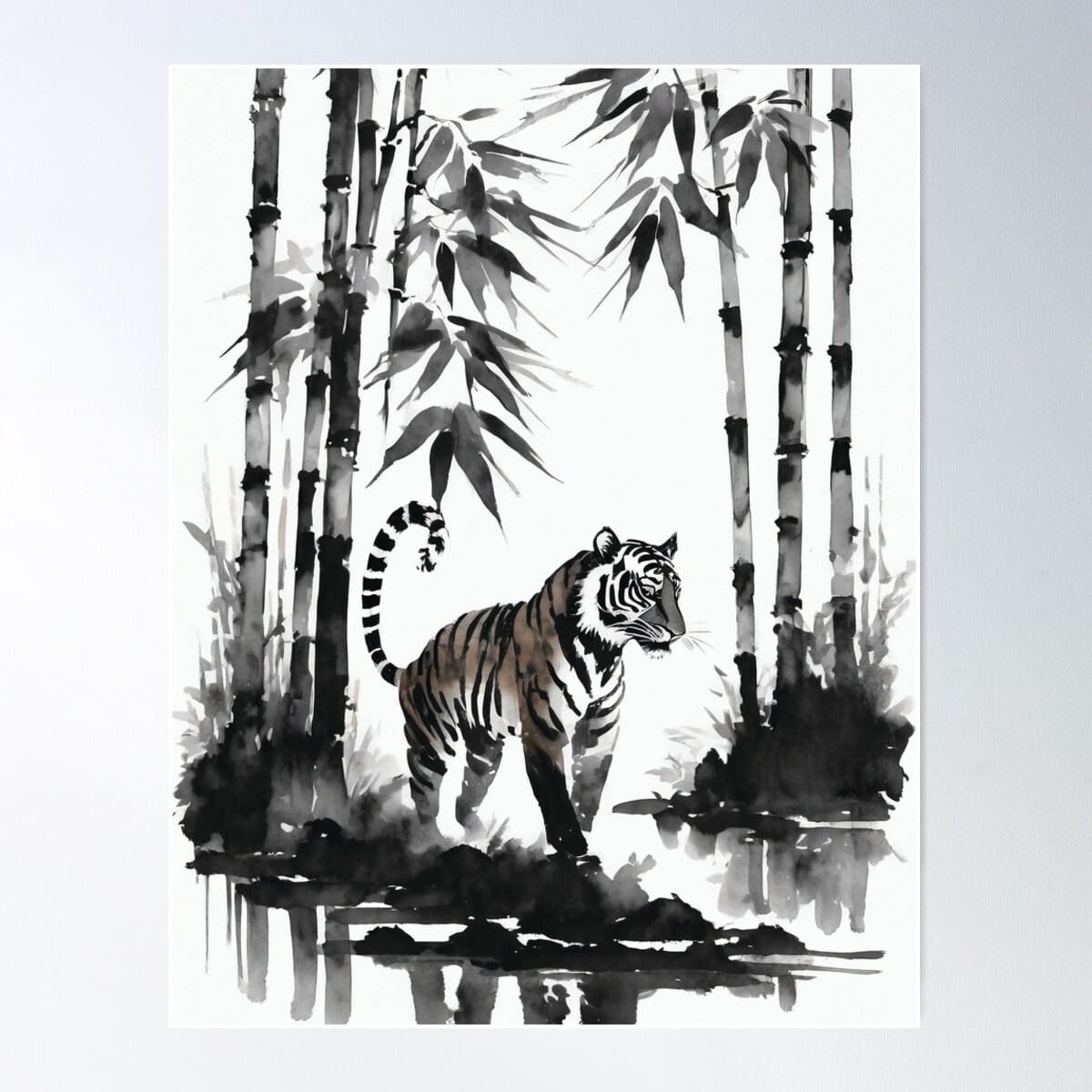 Tranquil Sumi-E Tiger Among Bamboo Poster Wall Art, Modern Wall Decor ...