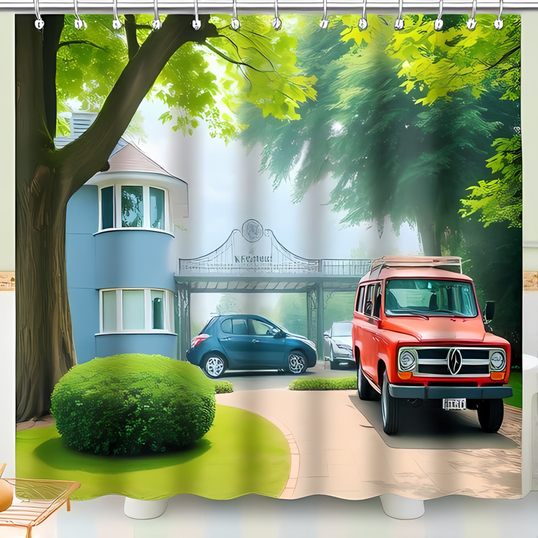 Tranquil Tree-Lined Driveway Shower Curtain with Light-Blue Mansion ...