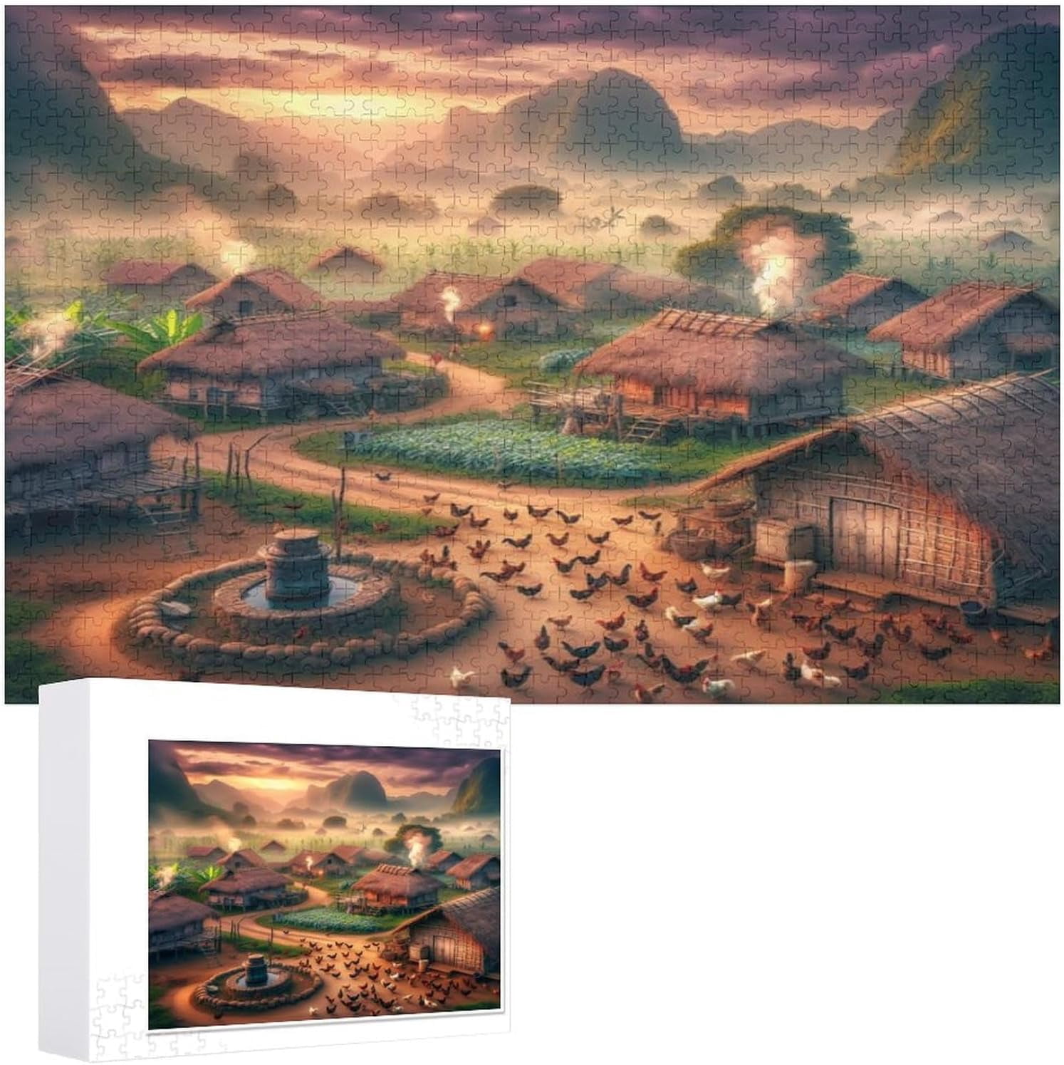 Tranquil Village Scene With Thatched Huts And Chickens Jigsaw Puzzle ...