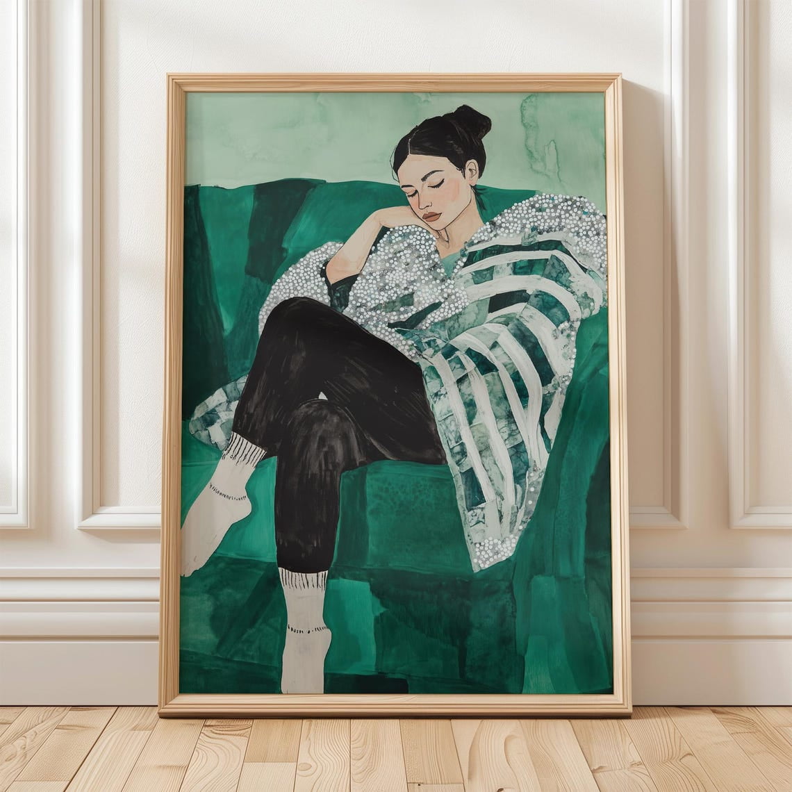 Tranquil Woman Portrait - Minimalist Art With Glitter Accents And Green ...