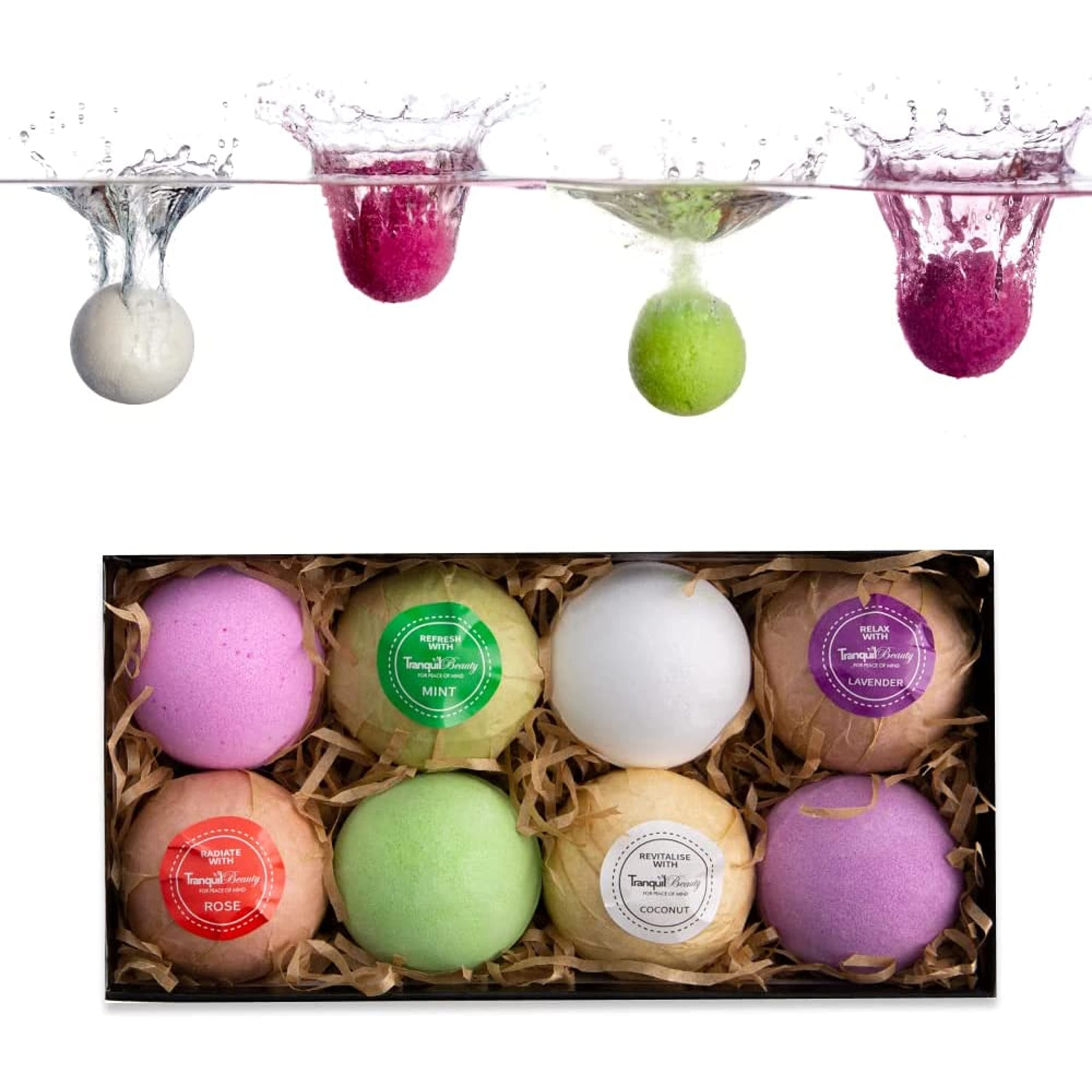 Tranquil Beauty Bath Bombs Gift Set, 8 Vegan Bath Bombs with Essential ...
