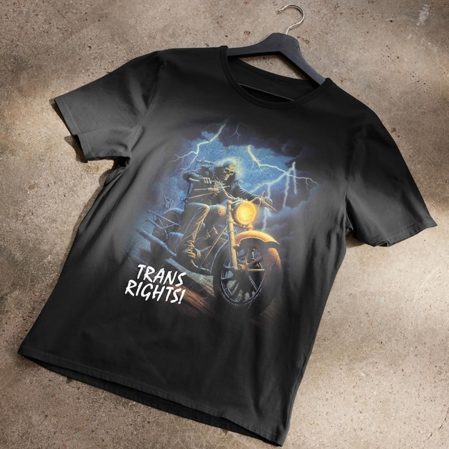 Trans Rights Skeleton Riding A Motorcycle Through Lightning T-Shirt ...