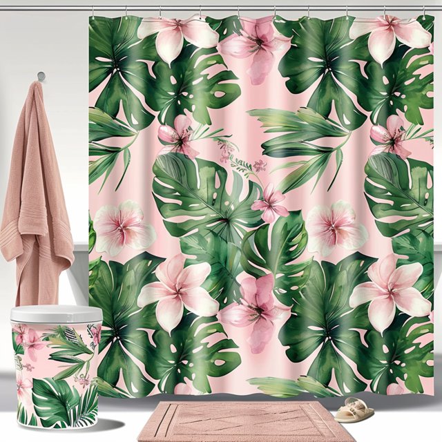 Transform Your Bathroom into a Tropical Oasis with our Pink Green Shower Curtain Set - Walmart.com