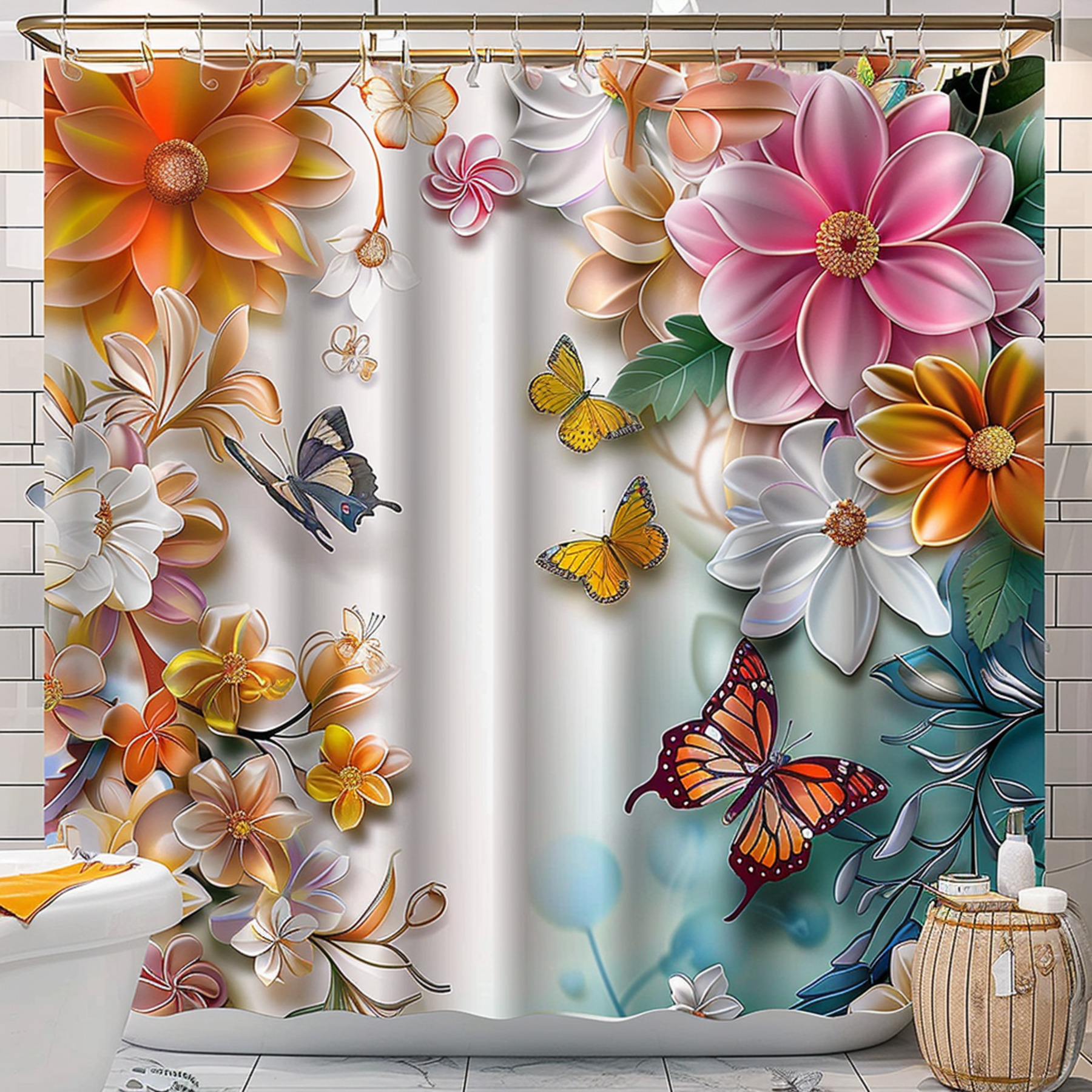 Transform Your Bathroom with Hyper Realistic Flowers and Butterflies Shower Curtain Vibrant ...