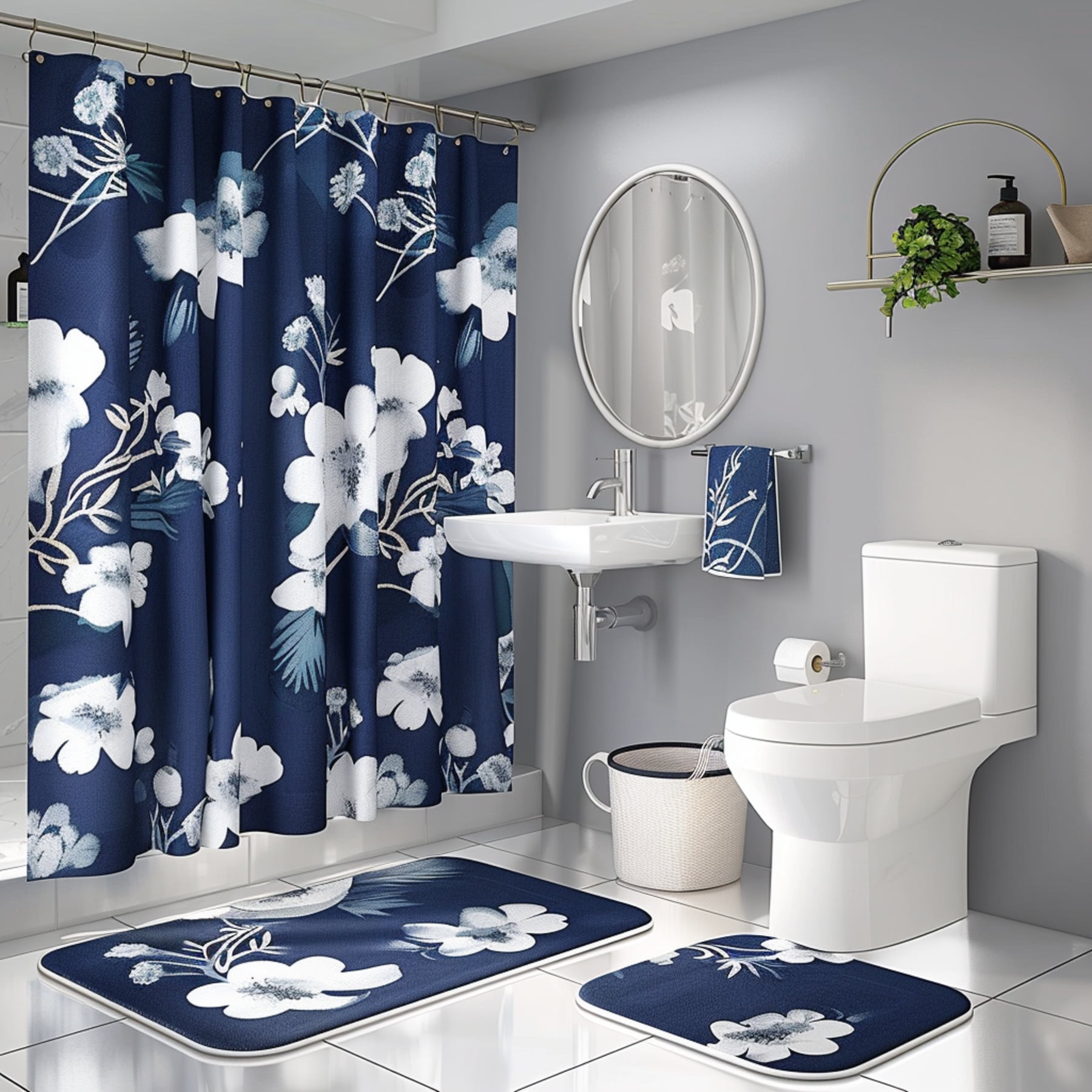 Transform Your Bathroom with Navy Blue and White Flower Patterned ...