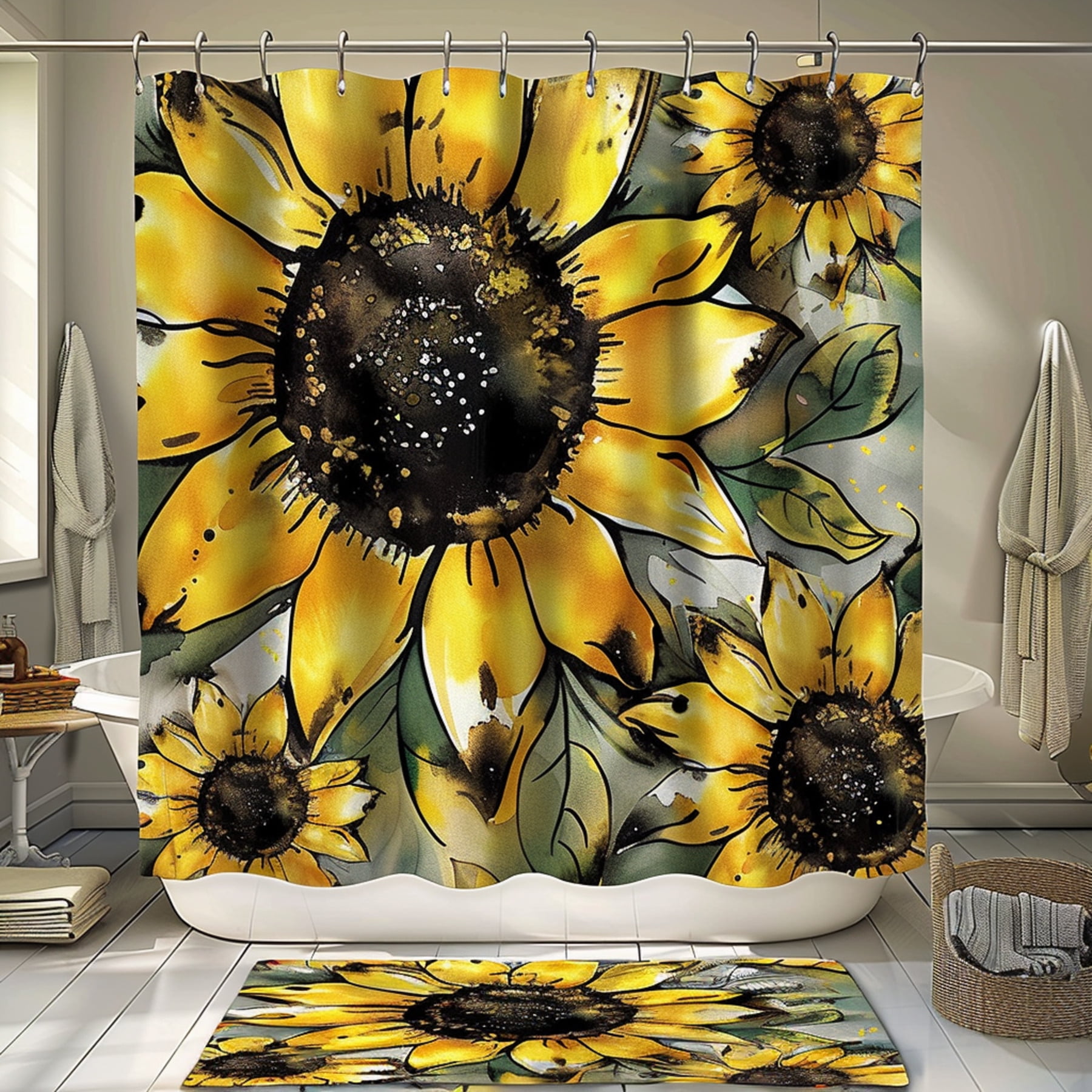 Transform Your Bathroom With Sunflower Elegance Handdrawn Watercolor