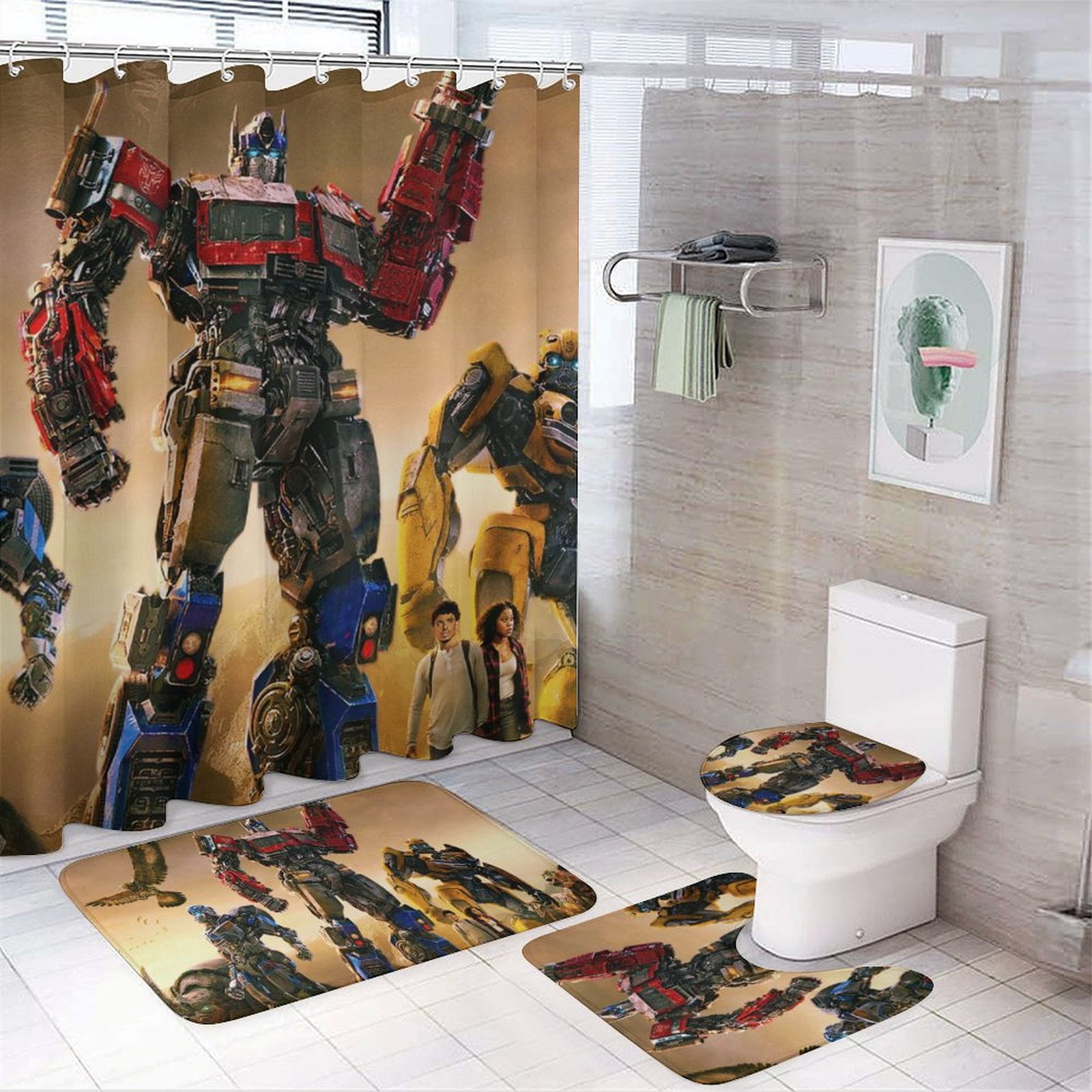 Transformers 4 Pcs Shower Curtain Set with Rugs And Toilet Lid Cover ...