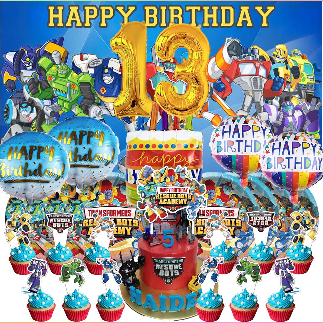 Transformers Rescue Bots 13th Tableware Balloons Cake Toppers Backdrop ...