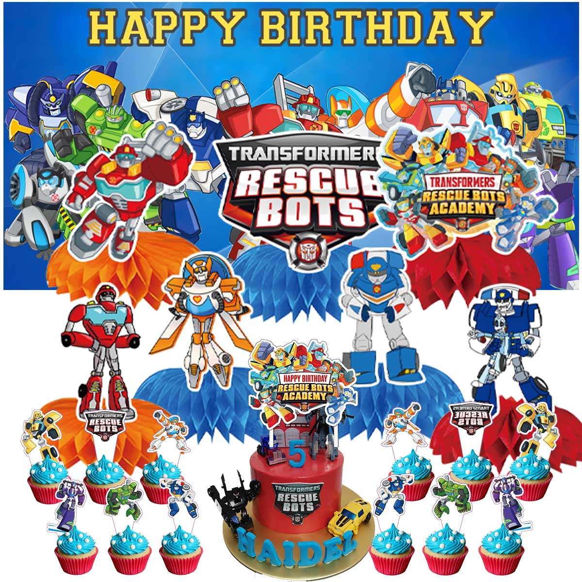Transformers Rescue Bots Party Supplies Honeycomb Centerpieces Table Toppers Backdrop ...