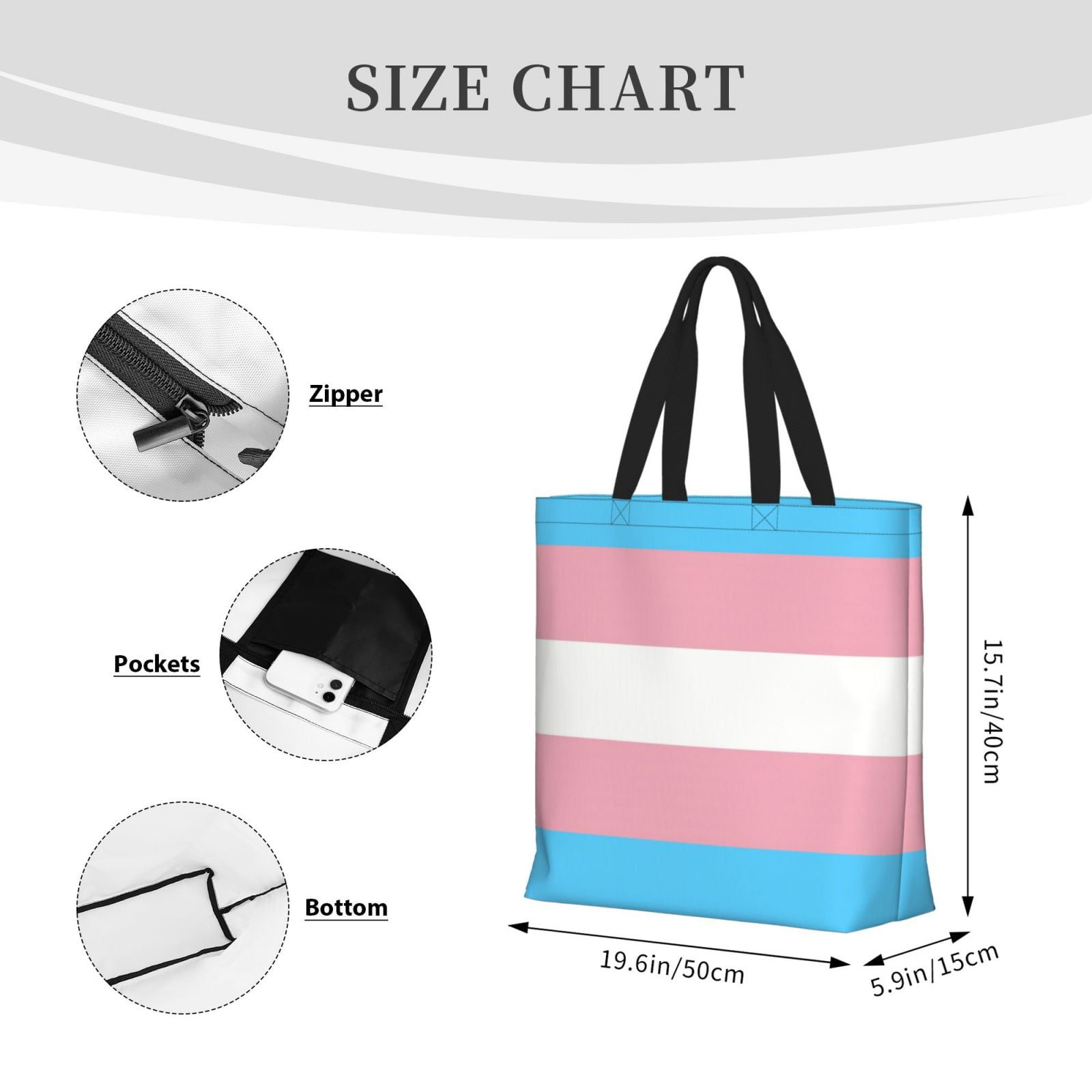 Transgender Pride Flag Tote Bags Large-Capacity Zippered Shoulder For ...