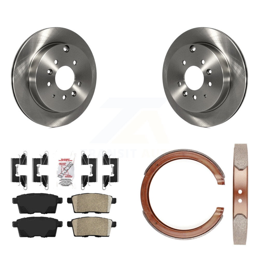Transit Auto Rear Disc Rotors Ceramic Pads and Parking Brake Shoes Kit ...