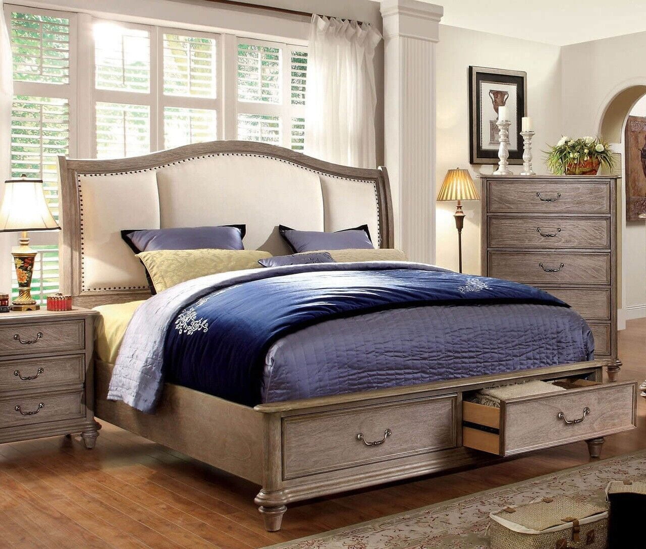 Transitional 1pc Queen Size Bed w Drawers Footboard Ivory Padded Fabric ...