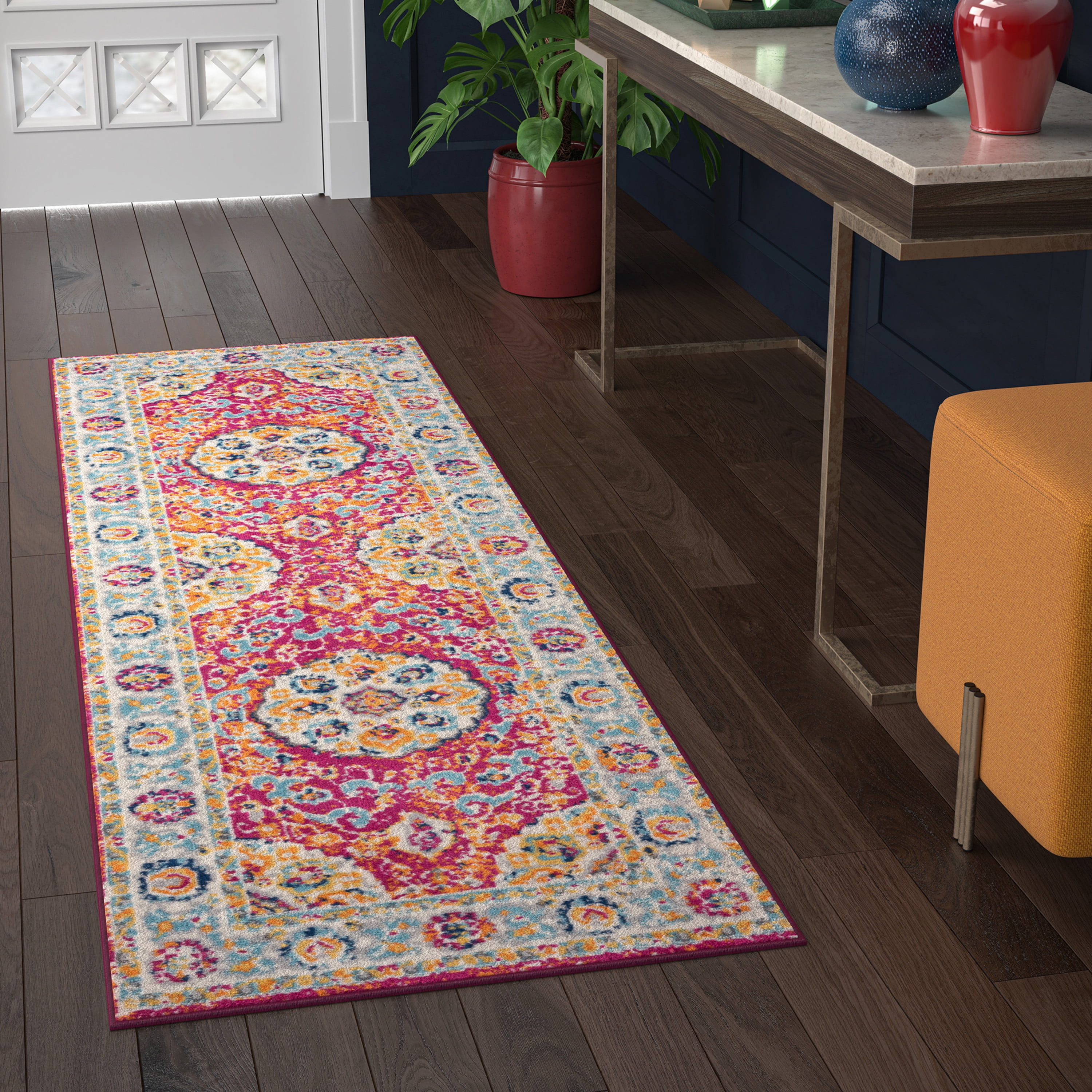 Transitional 2x8 Area Rug - Orange & Pink Medallion Design - Walmart.com