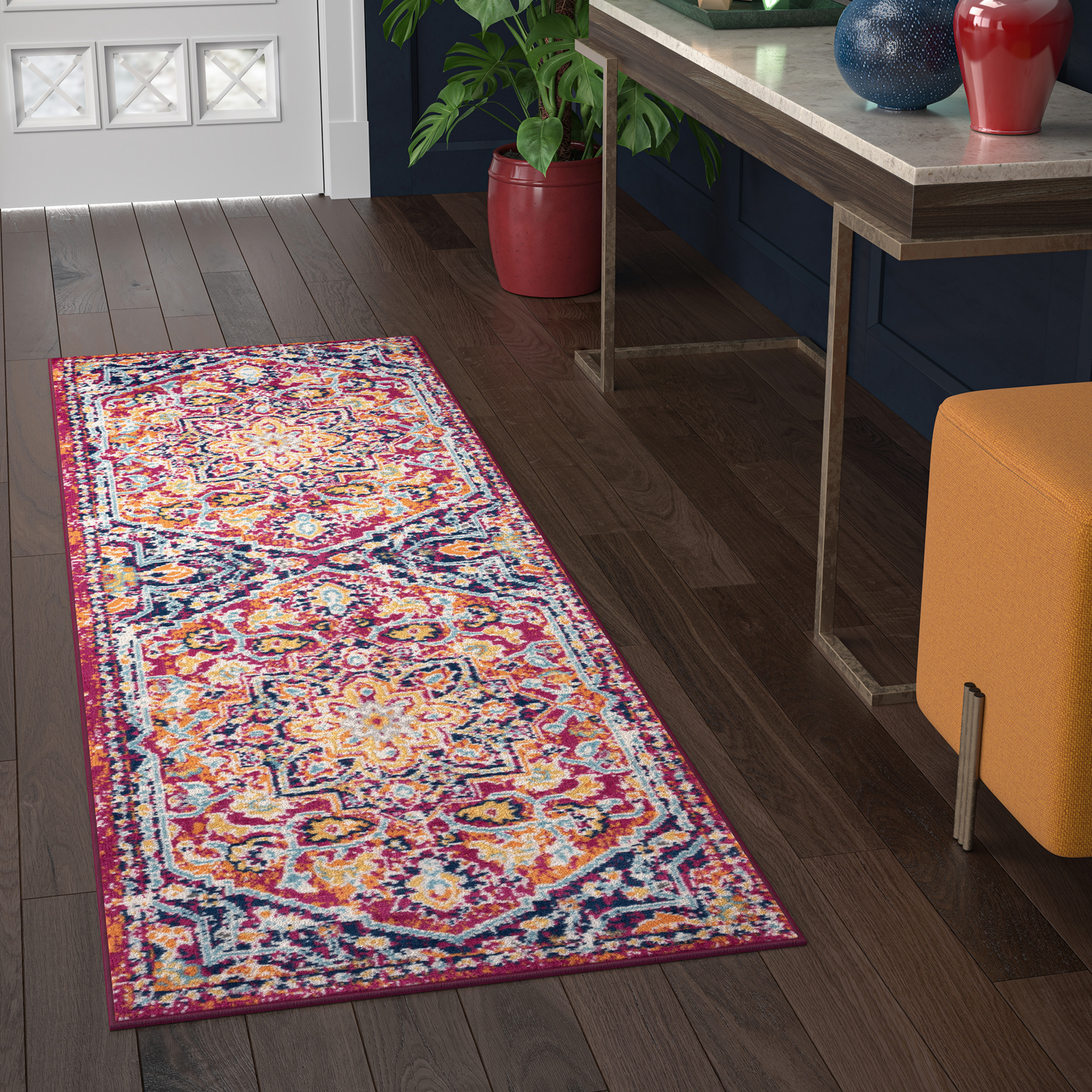 Transitional 2x8 Area Rug (2'2'' x 7'3'') Medallion Pink, Orange Indoor ...