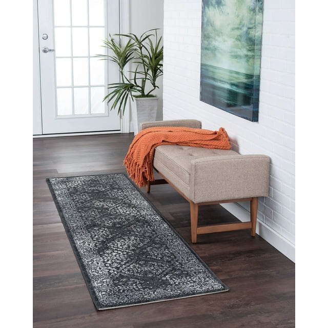 Transitional 2x8 Area Rug (2'3'' x 7'3'') Brocade Gray, Charcoal Indoor ...